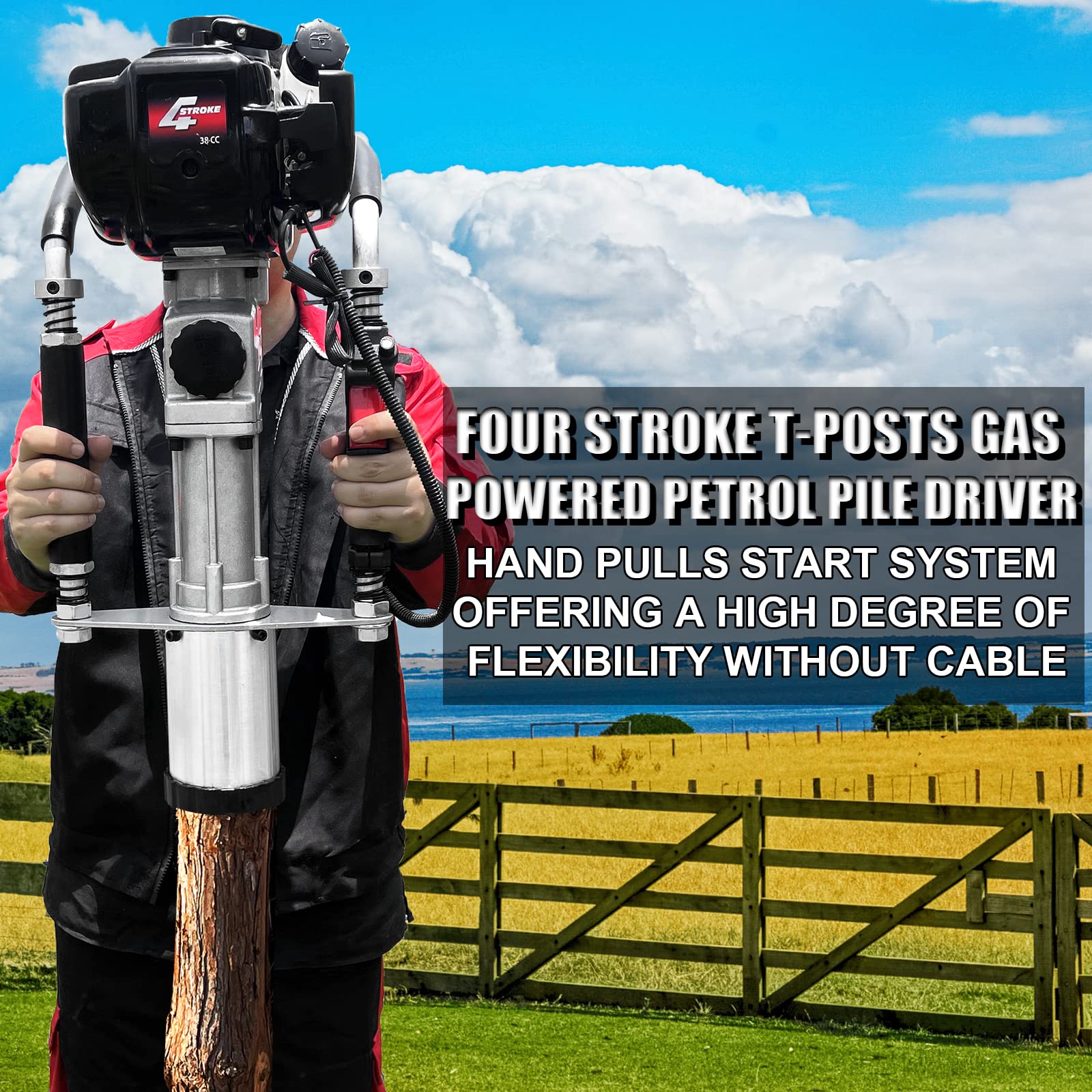 JKCHEN PRO 4 Stroke Gas Powered T Post Driver Hammer Drill, 37.7CC Air Cooling Single Cylinder Gasoline Petrol Fencing Tool with 3 Post Driving Head - 45mm,55mm,88mm pile sleeve