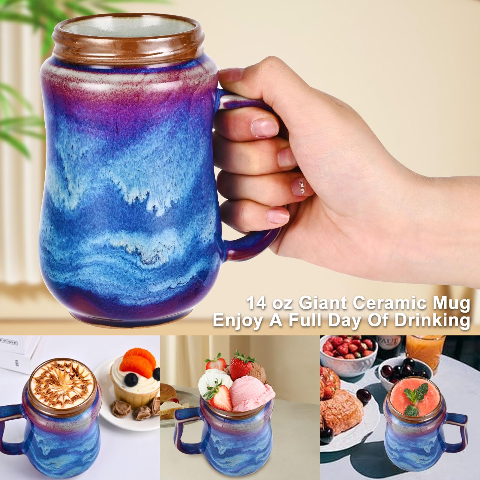 KaiCarnte Ceramic Mug,Large Ceramic Coffee Mug with Lid,14 Oz,Handmade Pottery Mug with Large Handle,Tea Cup Ceramic for Home Office,Dishwasher and Microwave Safe