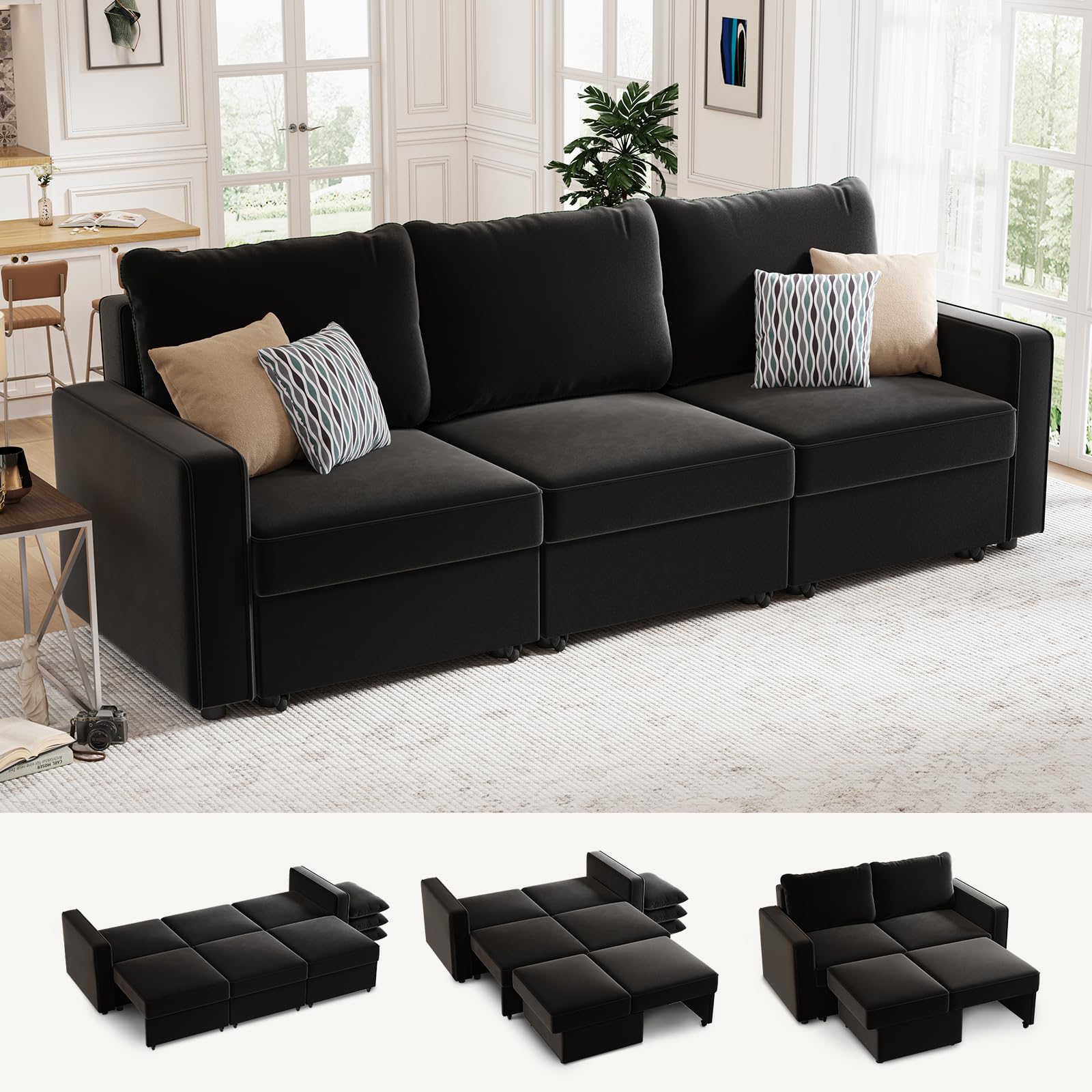 Modular Sectional Sofa, 91 Inch Comfy Sofa, 3 Seater Sofa with Storage Space, Sleeper Sofa, Cloud Couch, Modern Sofa for Living Room, Velvet, Black
