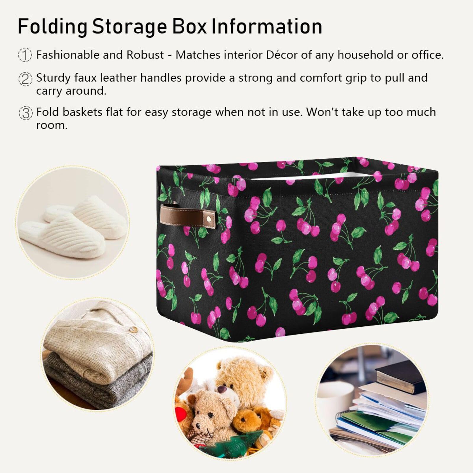 Emelivor Cherry Storage Basket Bins Decorative Toy Laundry Basket Organization with Handles for Pet Books Clothes Makeup Nursery Closet Office,1 pcs