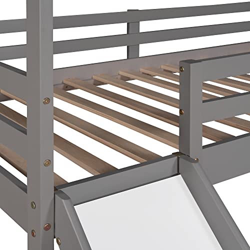 LostCat Twin Size Loft Bed with Slide, House Shaped Solid Pine Wood Bed Frame with Safety Guardrail & Ladder, No Box Spring Needed, Save Space Design for Kids, Teens, Girls, Boys, Grey