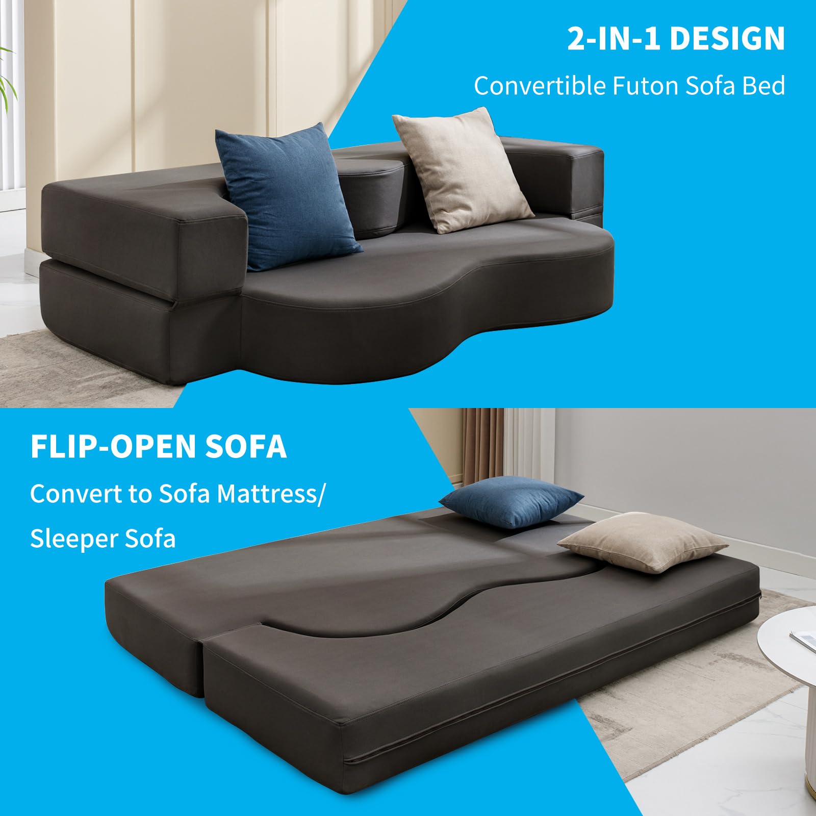Mjkone Queen Size Stylish Sofa Bed, Upholstered Convertible Sofa Bed, Memory Foam with 2 Pillows, Fold Out Futon Sleeper Chair Couch for Living Room Guest Room, Washable Cover,Dark Gray