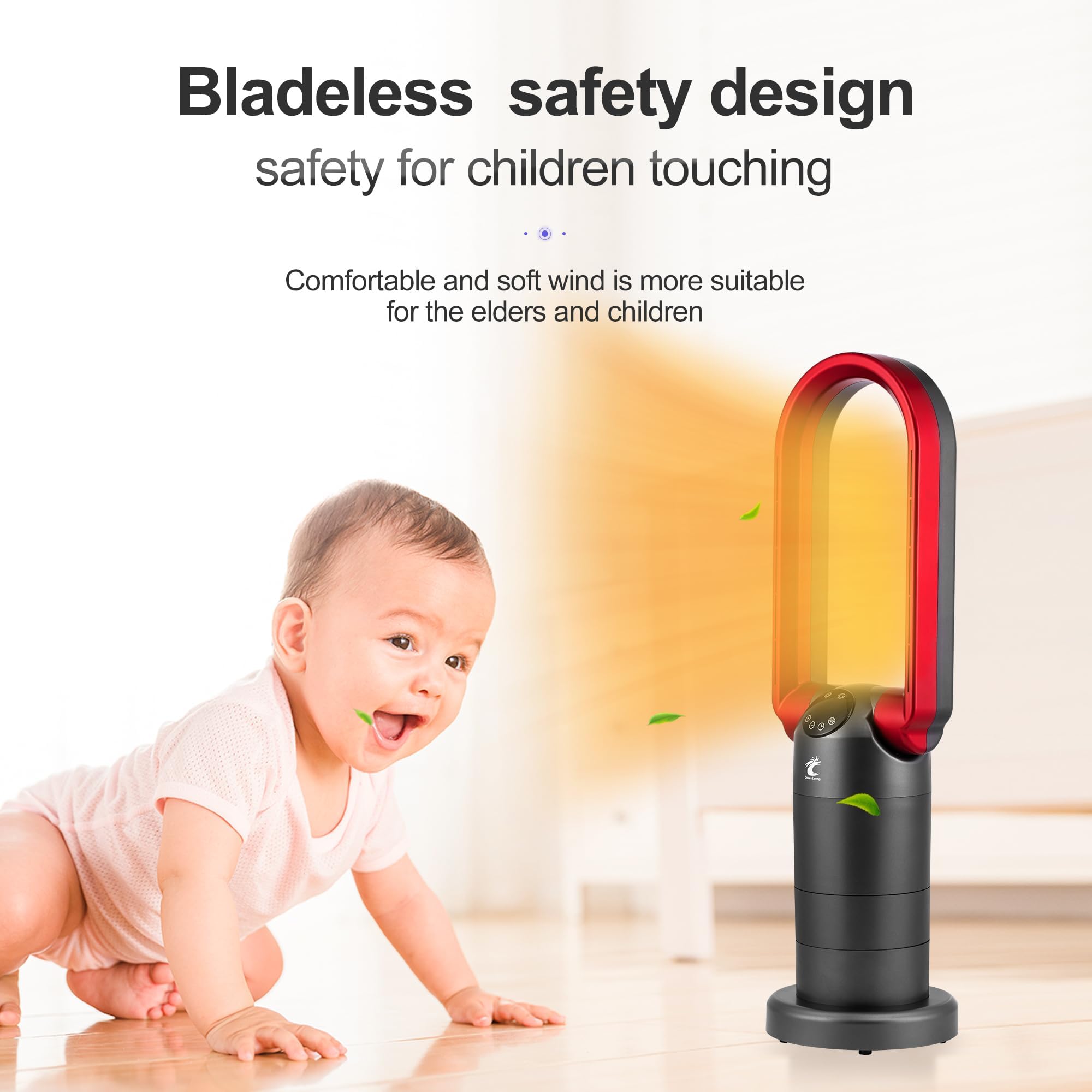 OceanLoong Bladeless Fan & Space Heater in One, Tower Fan for Bedroom Home,1500W Electric Heater with Adjustable Thermostat, Tip-Over Switch, Remote, Timer, Oscillating Table Fan, 29inch Red