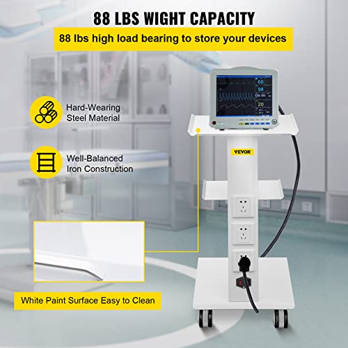 VEVOR Lab Trolley, Rolling Lab Cart w/Built-in Socket, 3 Layers Tray Rolling Clinic Cart, 360° Silent Rolling Wheels w/Foot Brake, 88 lbs Weight Capacity Sturdy Steel Frame, for Lab Clinic Salon