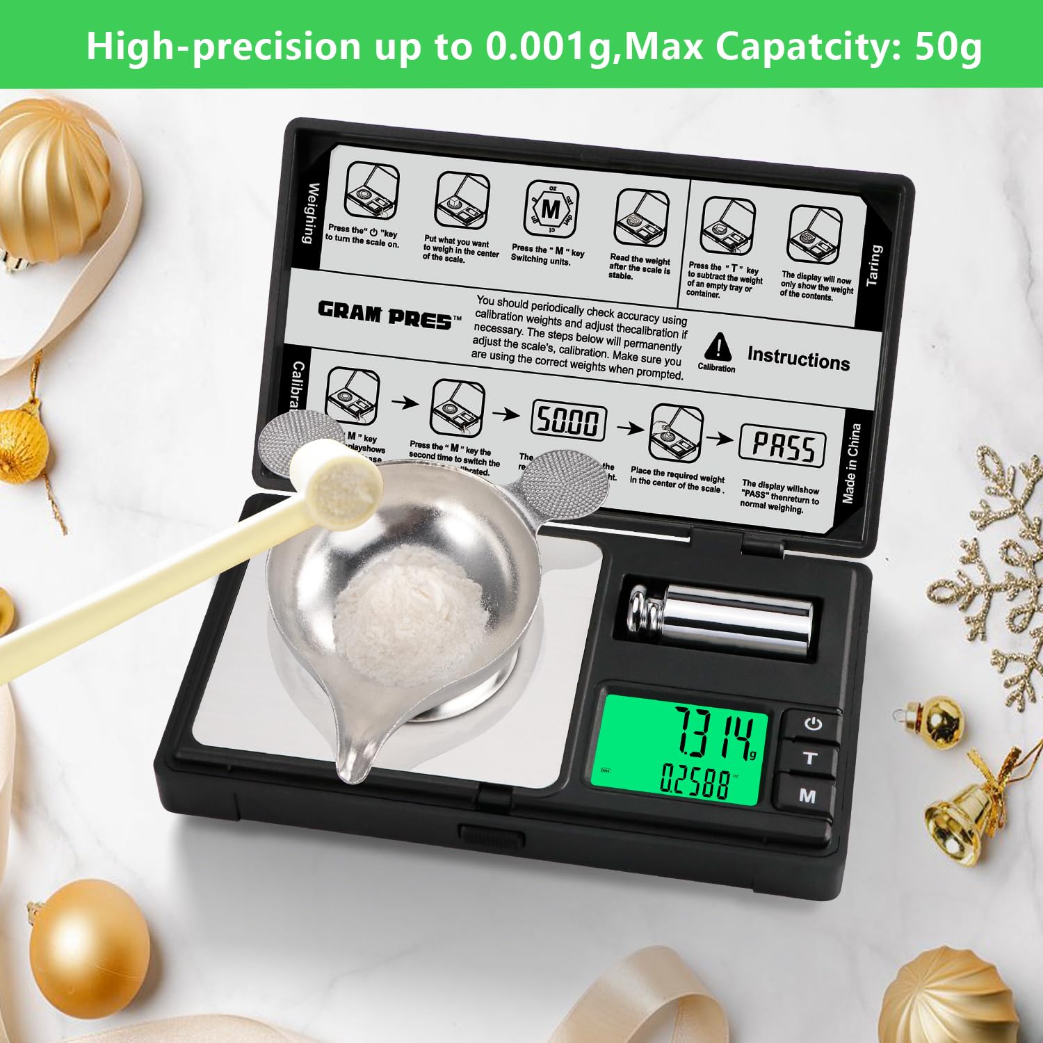 GRAM PRES High Precision Milligram Scale,50g/0.001g Digital Mini Pocket Gram Scale,Mg Scale for Weighing Powders,Jewelry, Medicine, Gem, Reloading, with Cal Weight, Tweezer ,Tray and Scoop