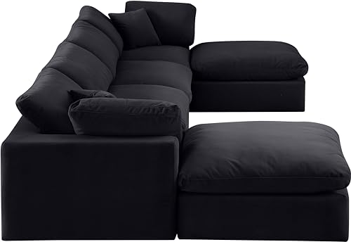 Meridian Furniture 189Black-Sec6B Comfy Collection Modern | Contemporary Upholstered Modular Sectional, Soft Black Velvet, Down Feather Cushions, 158" W x 79" D x 34.5" H, Black
