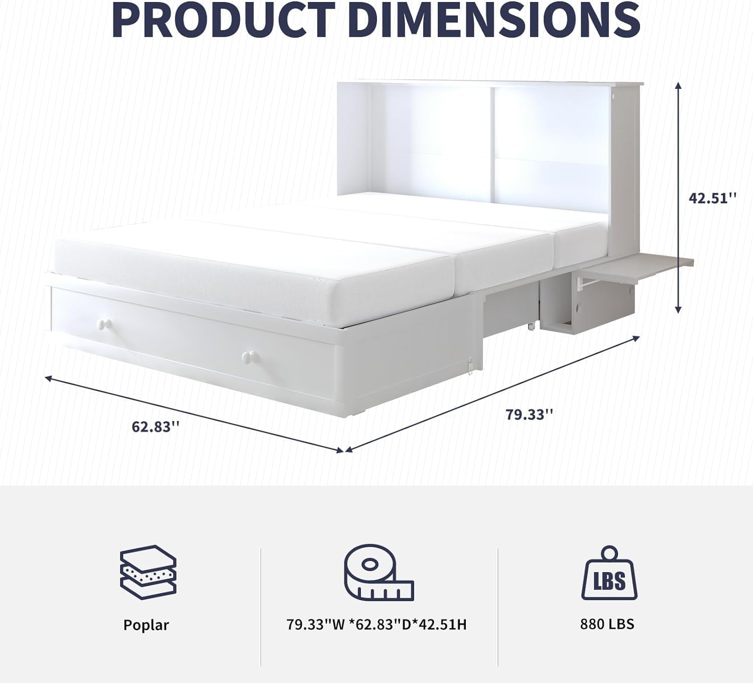 ijuicy Murphy Bed Queen, Cube Multifunctional Murphy Cabinet Bed with Charging Station & 3 Level Foldable Memory Foam Mattress & Large Drawer for Guests Room-Pure White