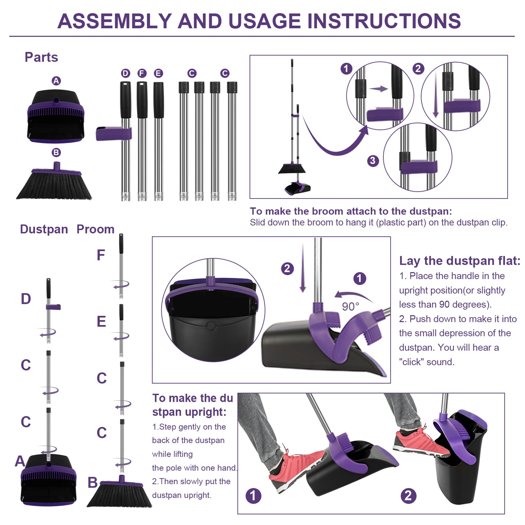 Large Broom and Dustpan Set, Purple Broom with Dustpan Combo Set, 55" Long Handle Broom, Self Cleaning Dustpan, Ideal for Home and Dog Cat Pets