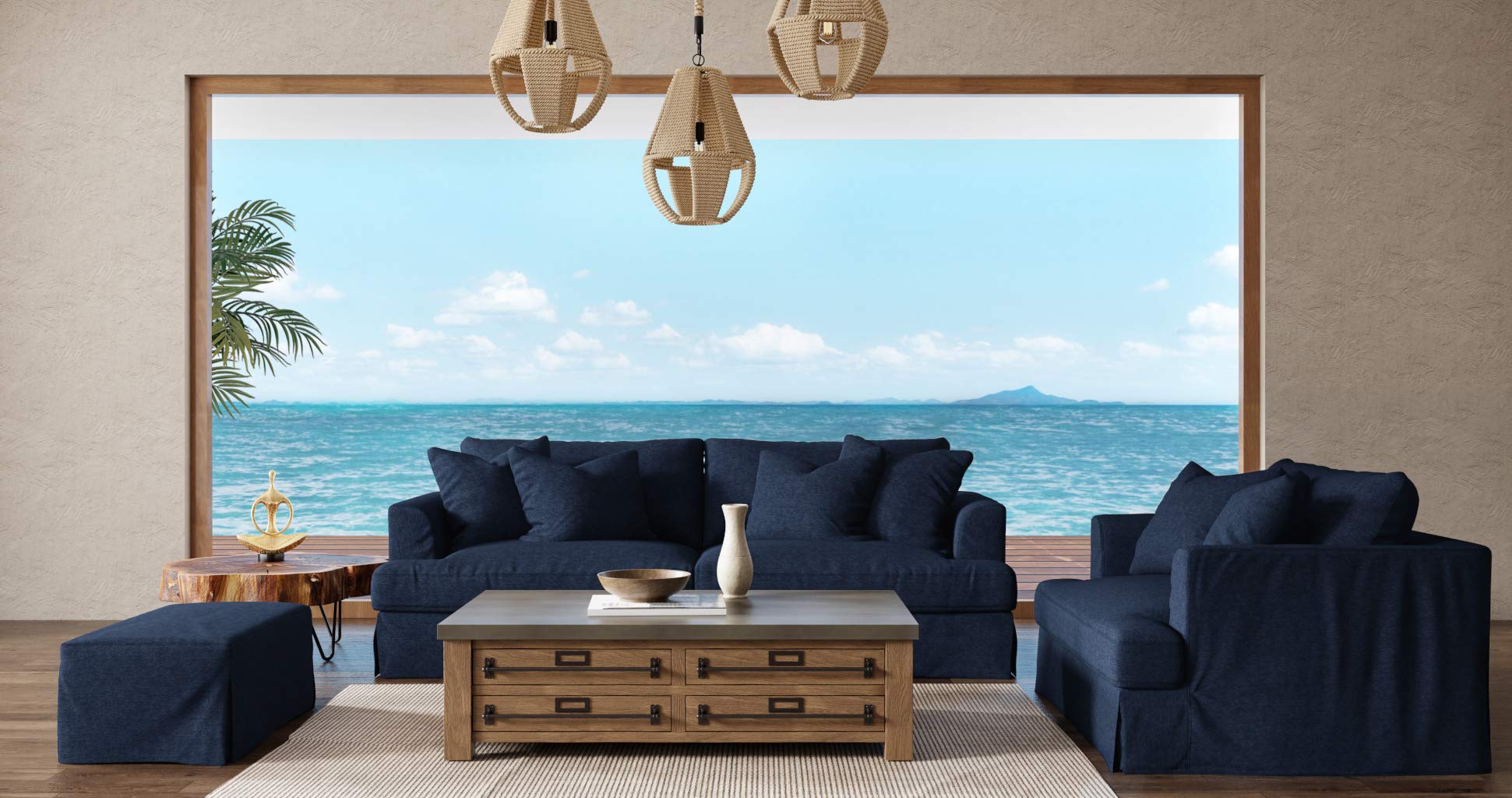 Sunset Trading Newport Slipcovered Sofas, Large 94" Wide Stationary, Performance Fabric Navy Blue (SY-130000-391049)