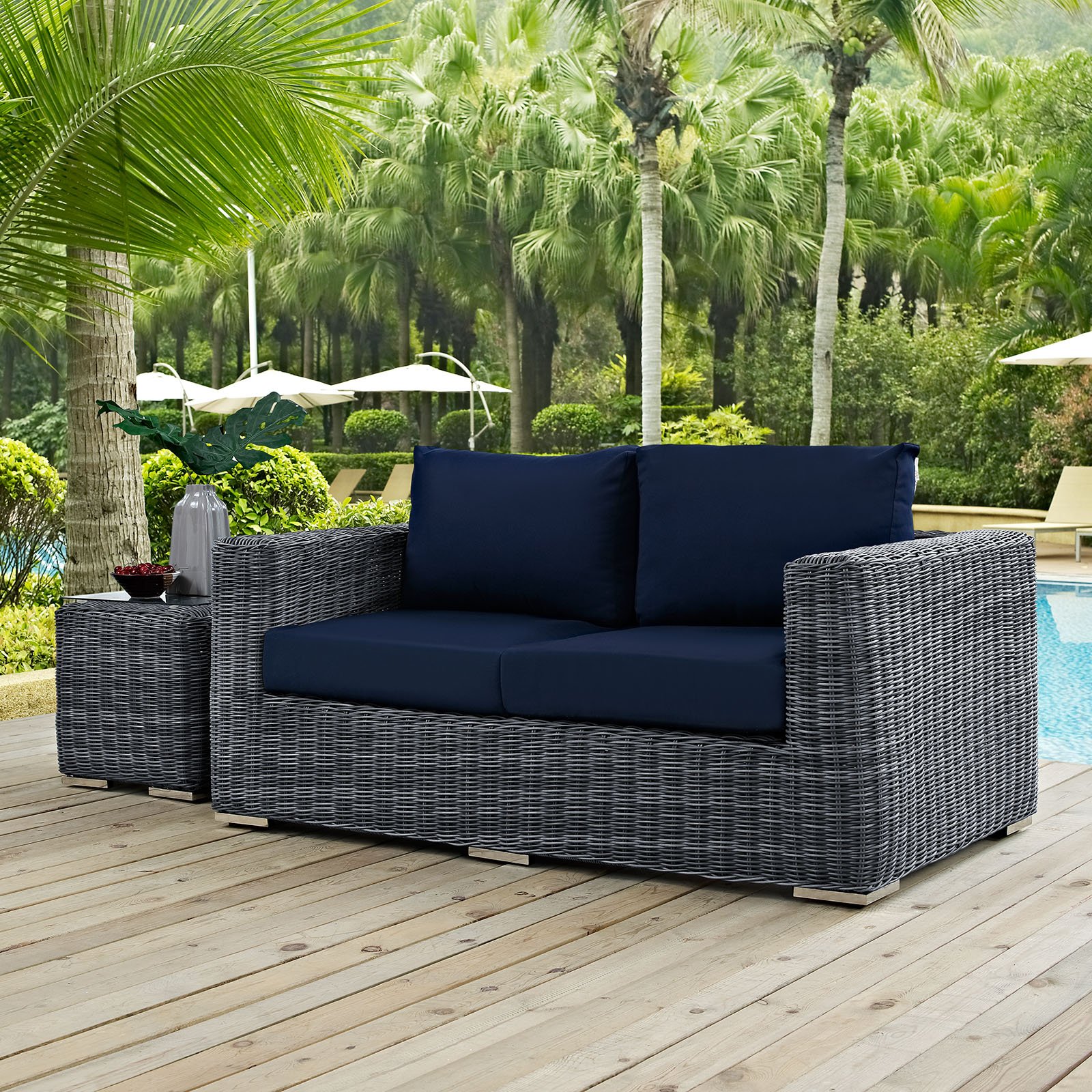 Modway EEI-1865-GRY-NAV Summon Wicker Rattan Outdoor Patio Sunbrella Loveseat in Canvas Navy