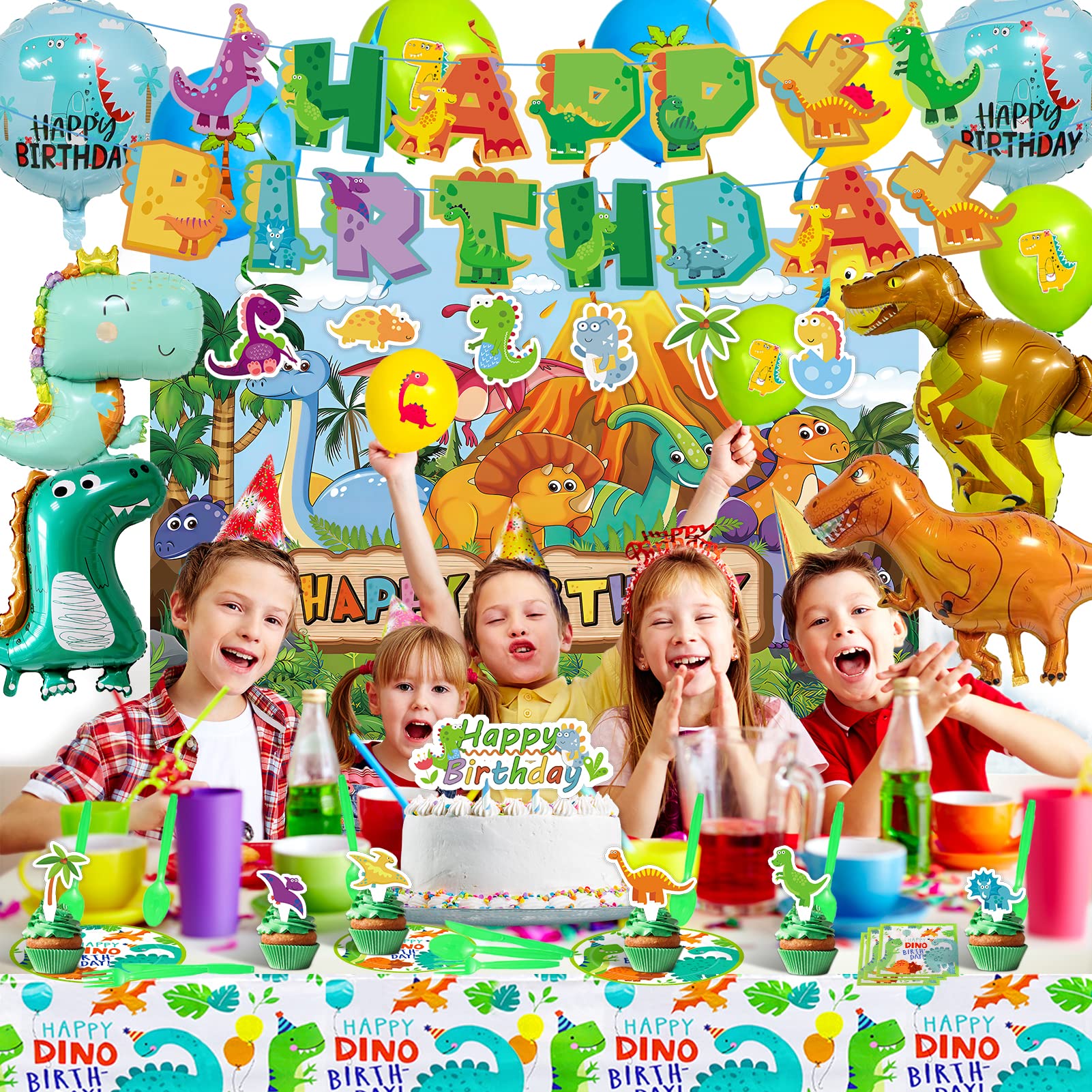 Dinosaur Birthday Party Supplies - Dinosaur Party Decorations Include Banner, Backdrop, Tableware, Cake Toppers, Balloons, Hanging Swirls, Dinosaur Style Party Supplies