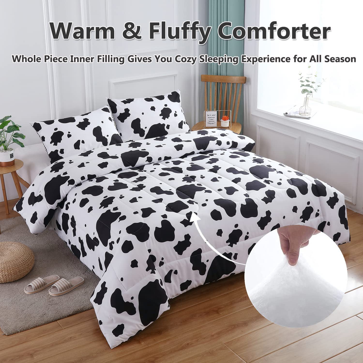 PERFEMET Cow Print Bedding Comforter Set Queen Size Black and White Reversible Geometric Checkered Bedding Set for Kids Teens Boys Girls Rustic Animal Cowhide Pattern Bed Quilt Set
