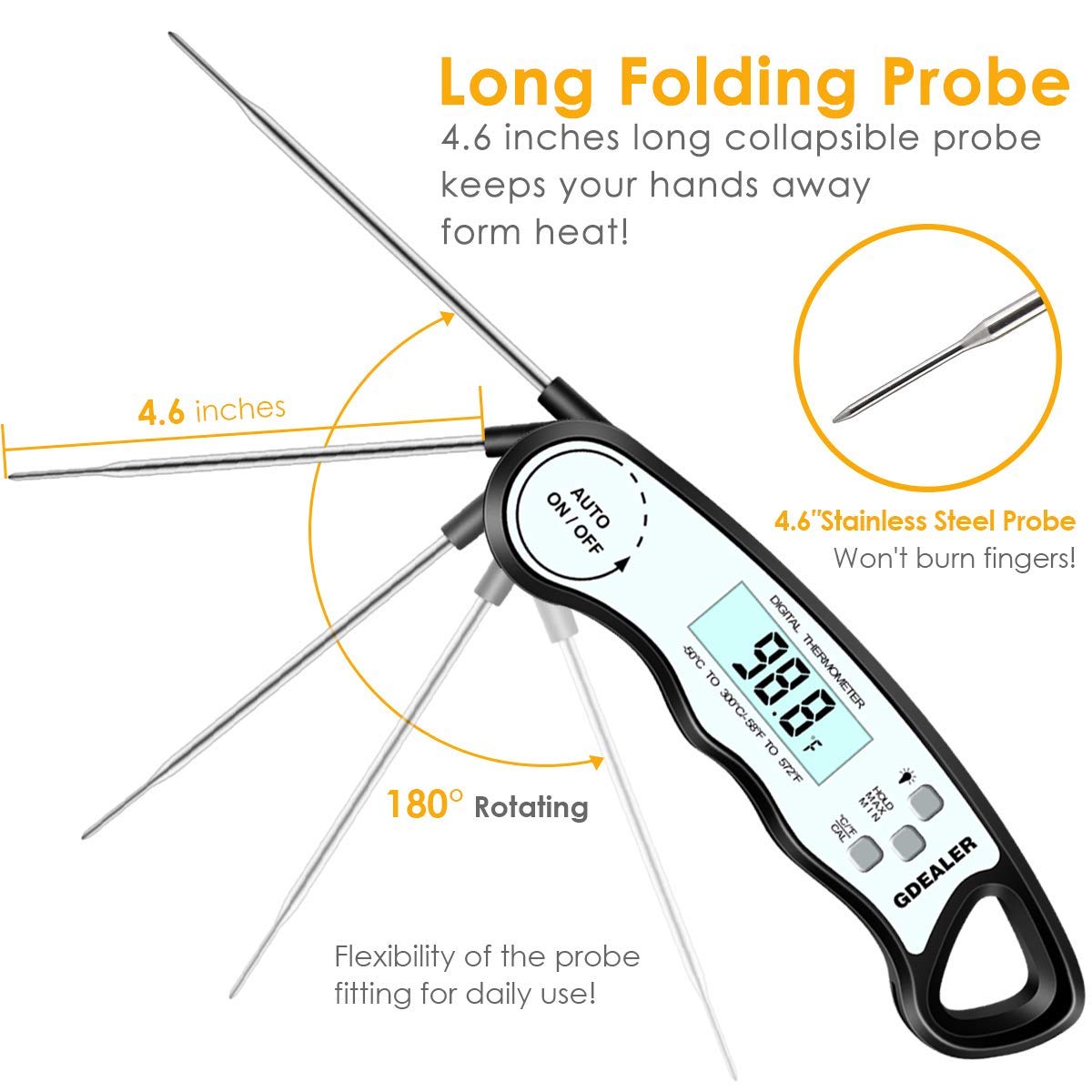 GDEALER Meat Thermometer Digital Instant Read Thermometer Ultra-Fast Cooking Food Thermometer with 4.6β Folding Probe Calibration Function for Kitchen Milk Candy, BBQ Grill, Smokers (Black)