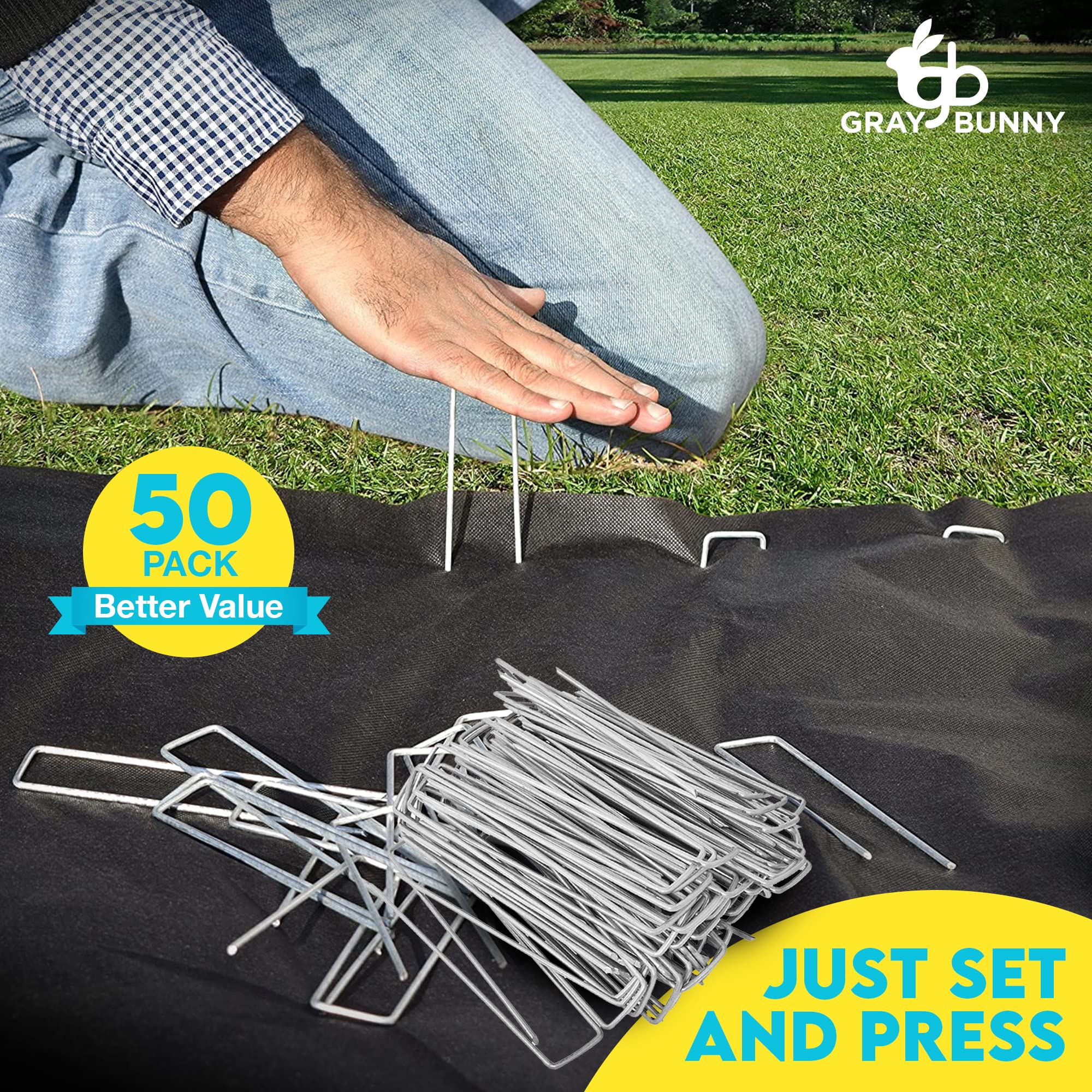Gray Bunny 6 Inch 50 Pack U-Shaped Garden Stakes, 11 Gauge Galvanized Landscape Staples, Rustproof Garden Staples for Landscaping Securing Weed Barrier Fabric, Irrigation Tubing, Tarpaulin and More