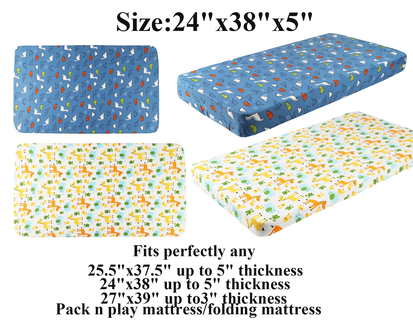Dinosaur Pack n Play Stretchy Fitted Playard Sheet Set 2 Pack Jersey Knit Ultra Soft Portable Mini Crib Sheets for Baby Boy Girl Elephant Giraffe Frogs by Knlpruhk
