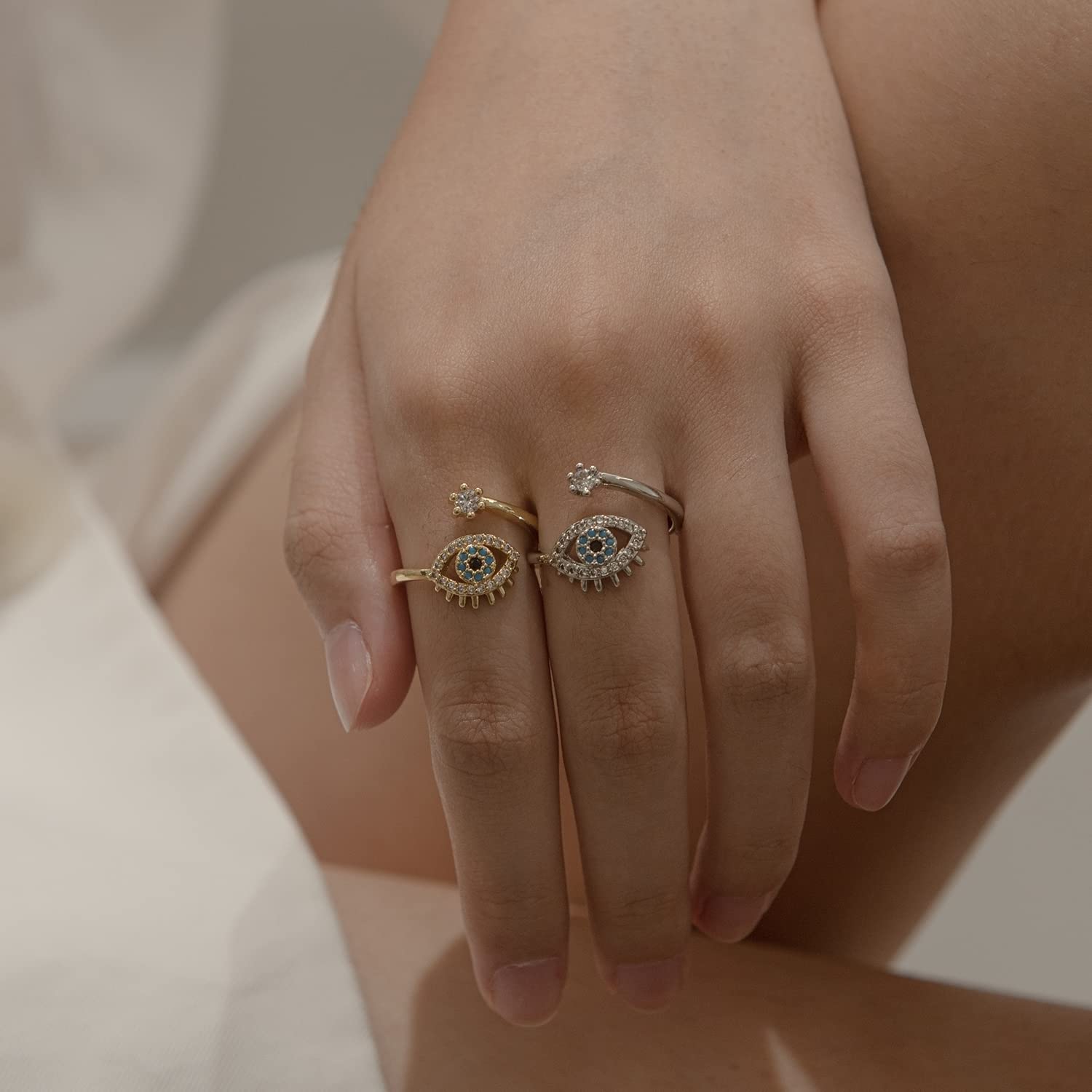 Gold Evil Eye Ring for Women 14k Gold Plated Gold Adjustable Rings Cubic Zirconia Open Ring