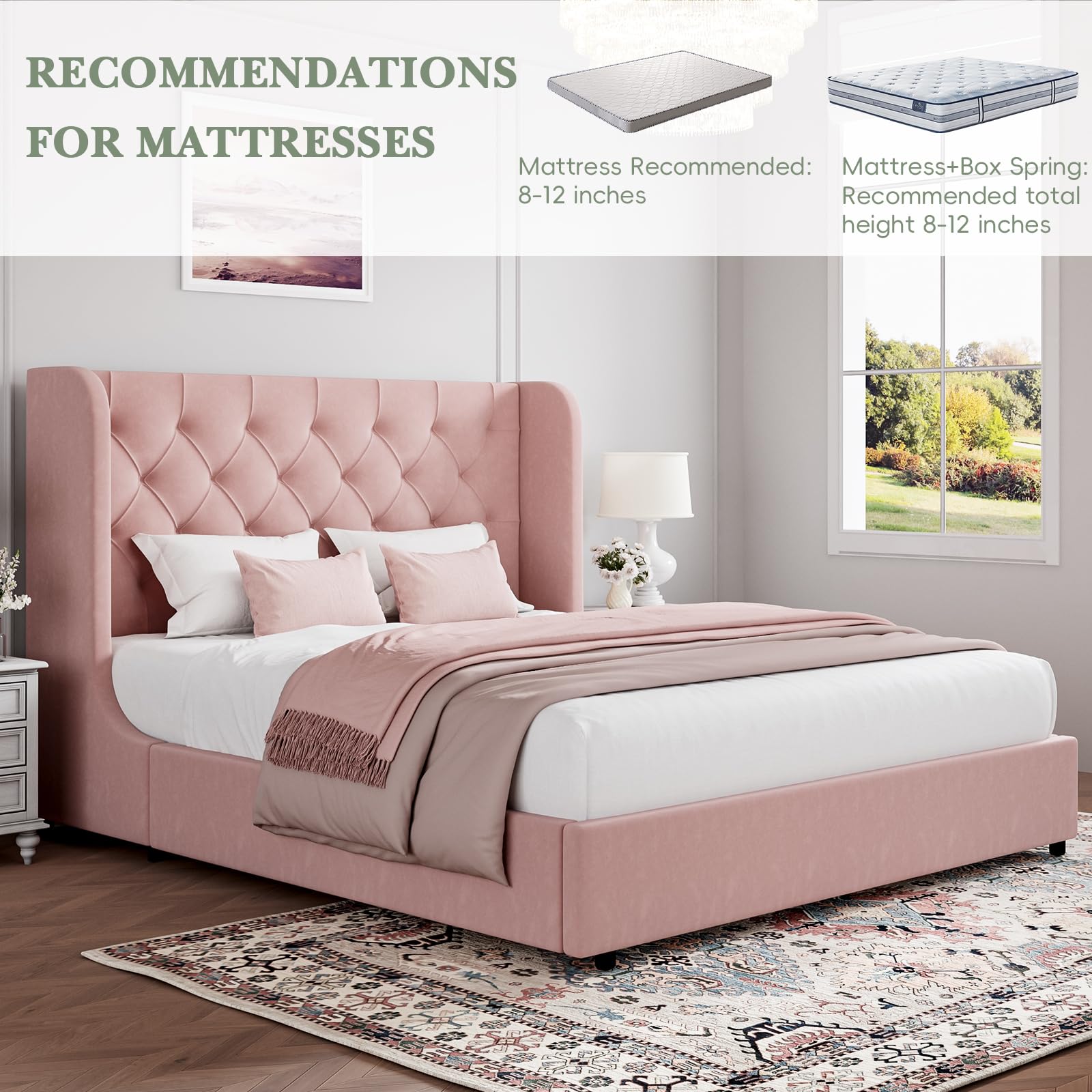 HOMBCK Queen Bed Frame, Pink Velvet Upholstered Bed Frame with Headboard and Wide Wingback, Soft Bed Frame Queen, No Box Spring Required, Noise Free, Easy Assembly, Pink
