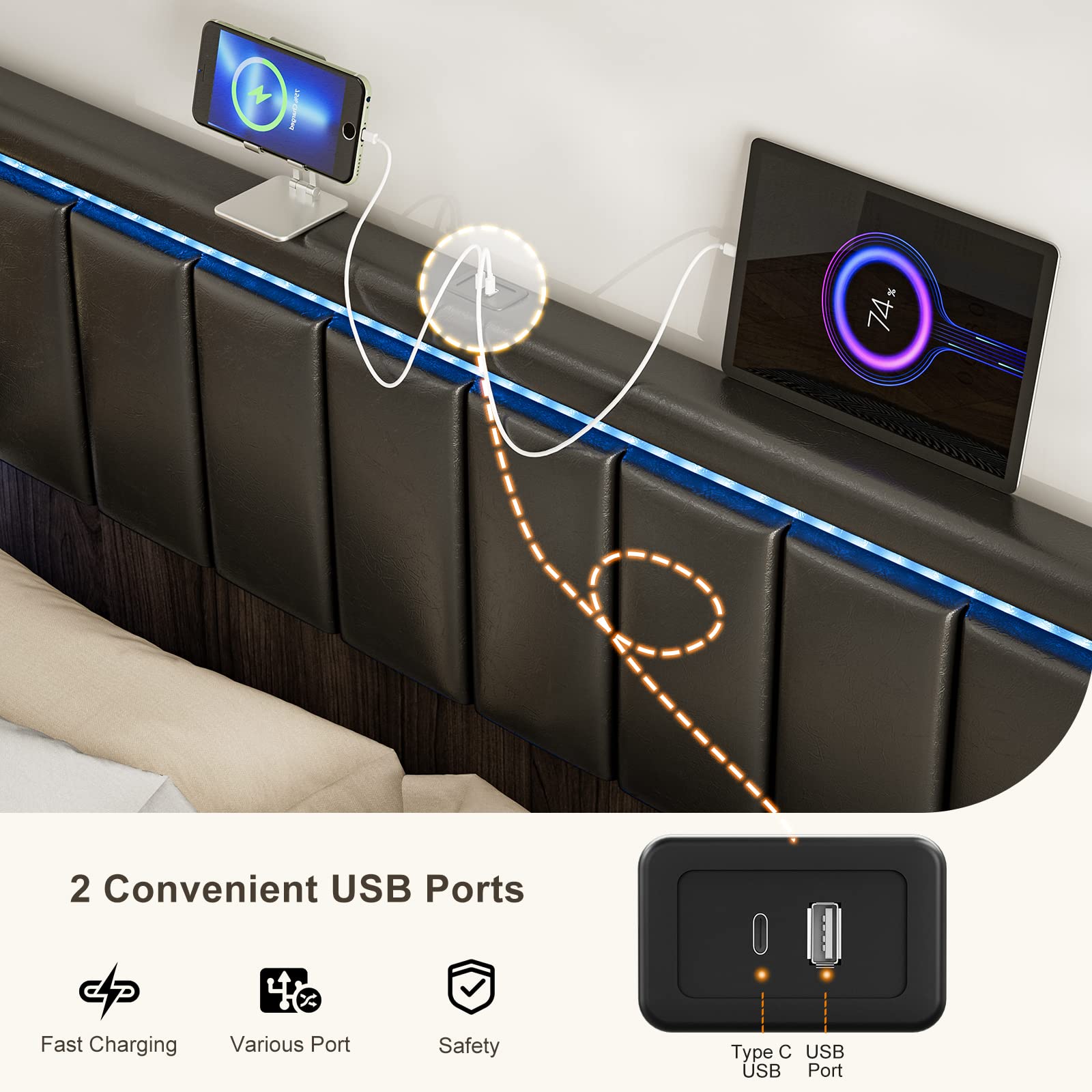 IKIFLY King Size LED Headboard with 2 USB Ports, Adjustable Height - Modern Faux Leather Headboard with Changing LED Lights - Easy Assembly, Upholstered King Headboard Only for Bedroom - Black
