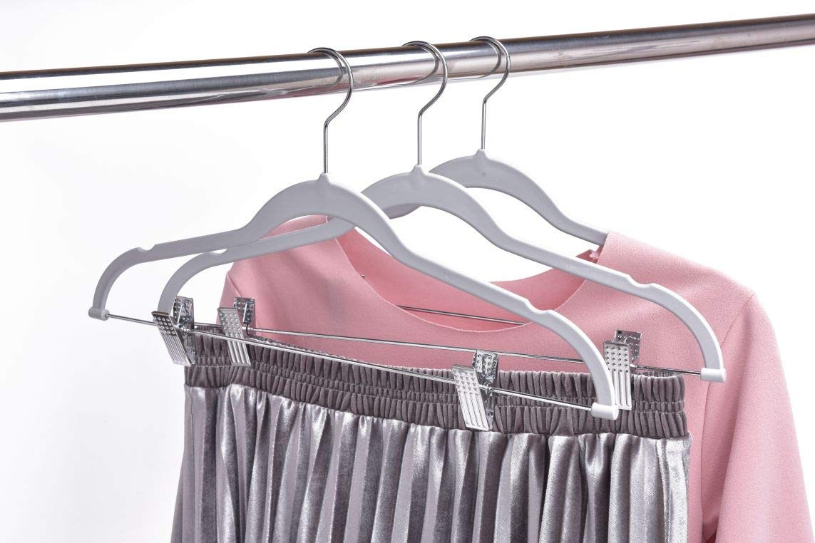 Quality Plastic 20-Pack - Non Velvet Non-Flocked Thin Compact Coat Hangers with Metal Clips for Skirts Pants Blouses - 360° Swivel Hook (Black, 20)