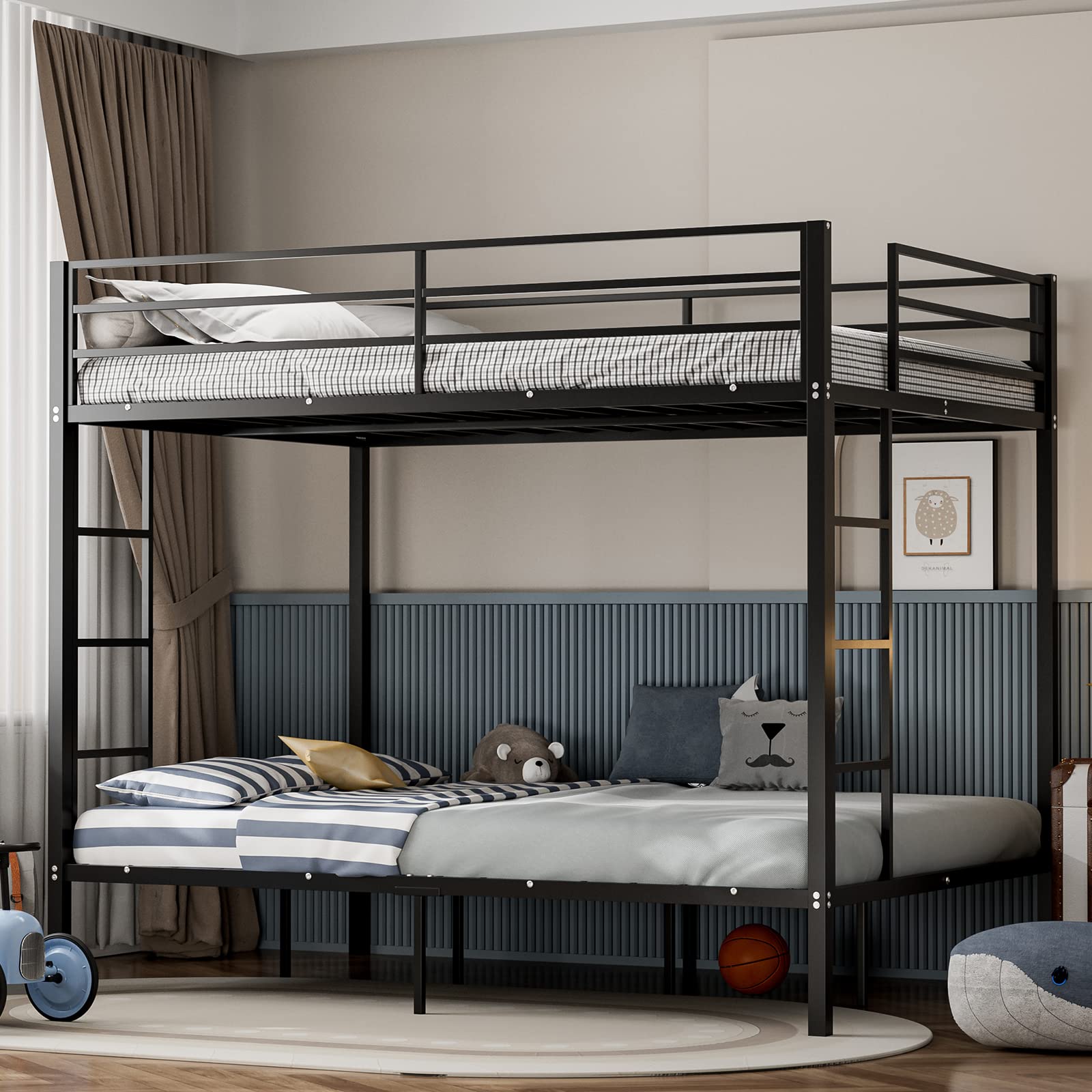 IKIFLY Metal Full Over Full Bunk Beds, Heavy Duty Full Size Bunk Bed Frame with 2 Built-in Ladders, Safety Guard Rail, Space-Saving Design, for Kids, Teens, Adults - No Box Spring Needed - White