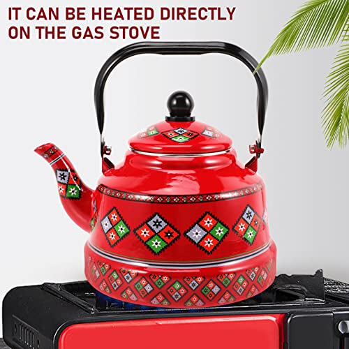 GANAZONO Vintage Enamel Teapot Stainless Steel Tea Kettle Camping Coffee Kettle Floral Hot Water Boiler Pot for Home Kitchen Red 2.5L