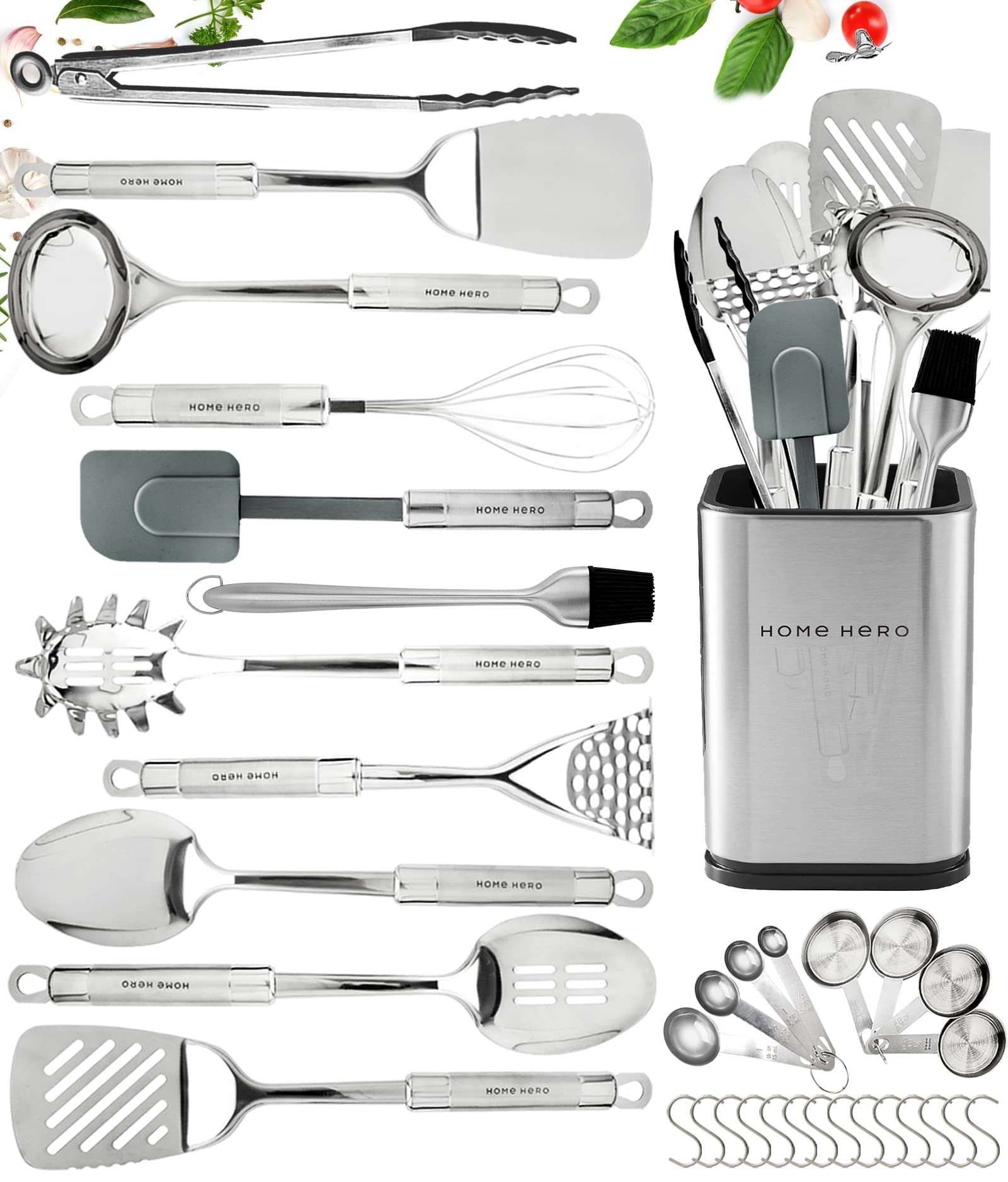 Home Hero 32 Pcs Stainless Steel Kitchen Utensils Set - Nonstick Stainless Steel Cooking Utensils Set - Heat Resistant Kitchen Essentials & Metal Kitchen Gadgets (32 Pcs Set with Utensils Holder)