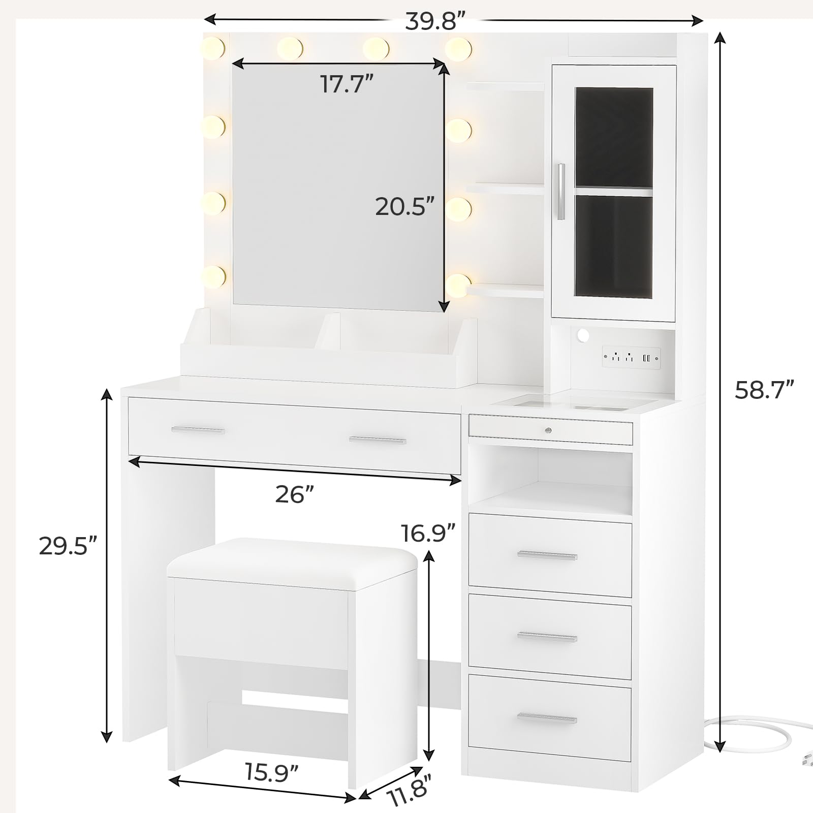 HAUOMS Makeup Vanity Desk with Mirror and Lights & Stool & Charging Station, 4 Drawers Makeup Table with Glass Top Jewelry Organizer & 7 Shelves, 3 Light Settings, Modern White