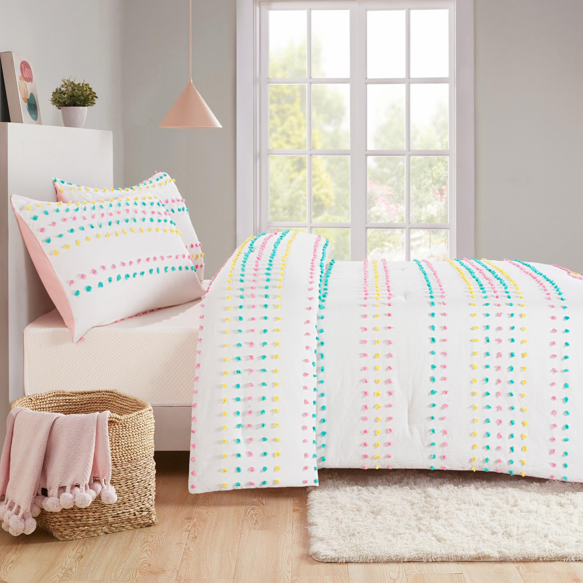 HOMBYS Tufted Pom Poms Bedding Comforter Set for Girls, 3 Piece White Boho Jacquard Kids Comforter Set for All Season,Twin/Twin XL Size