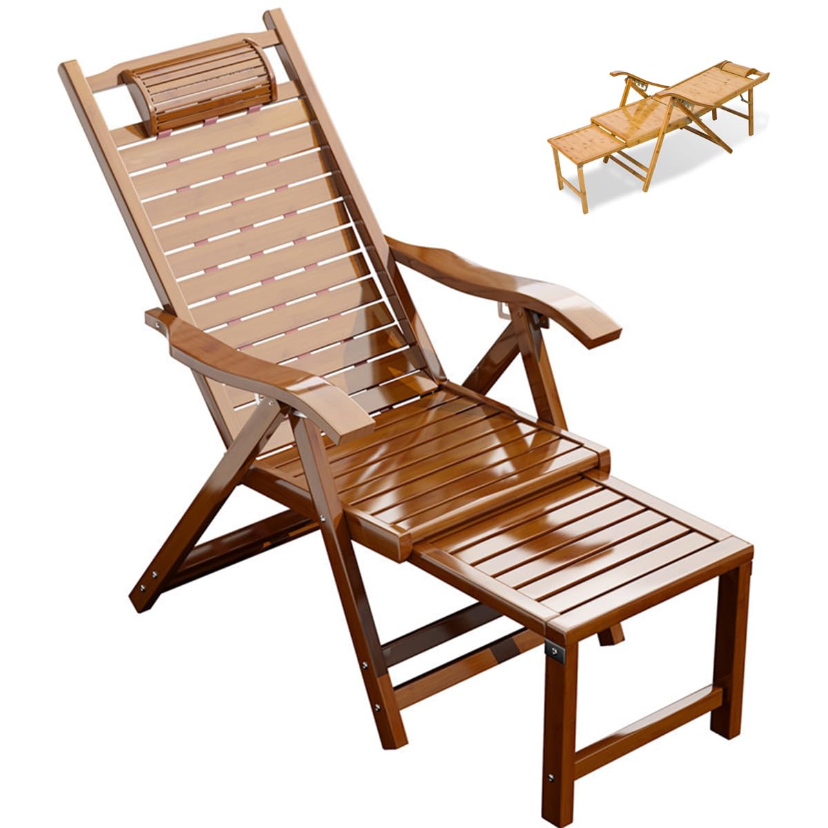 JIAYOYO Foldable Wooden Recliners with Footrest,Wooden Outdoor Foldable Armchair with 5 Position Adjustable Backrest Chair Recliner Chair for Patio Lawn Beach,Tea Color