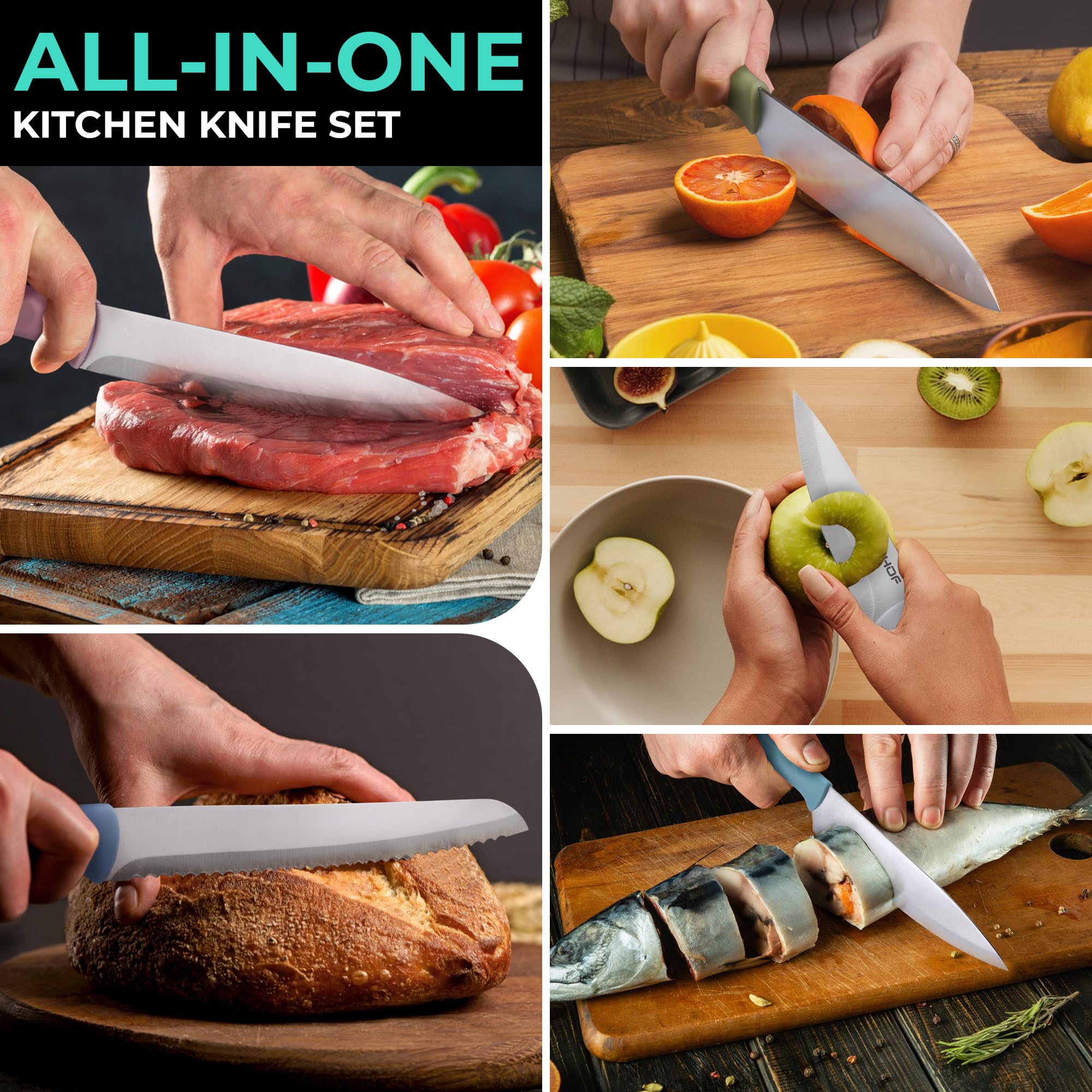 HAUSHOF Kitchen Knife Set, 5 PCS Colorful Kitchen Knives with Sheaths, Non-Stick Coated Stainless Steel Blades for Slicing, Dicing&Cutting, Gifts Knife Set with Ergonomic Handle for Dad, Mom, and Wife