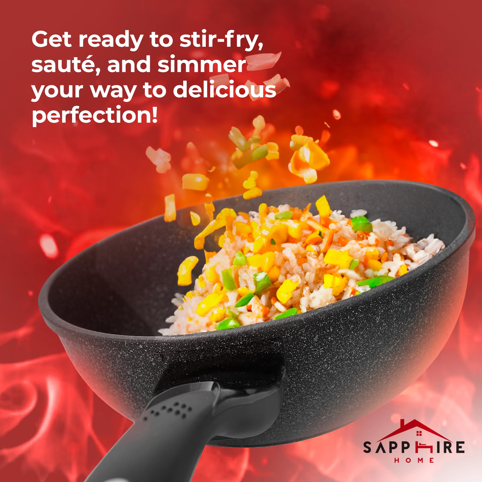 HOME N KITCHENWARE Nonstick Ceramic Wok, Frying Pan - Premium 9-Layered Cookware, Korean Marble-Coated - Easy to Clean Cast Aluminum - Induction Ready for Saute, Stir-Fry, Eggs, Fried Rice 8-Inch