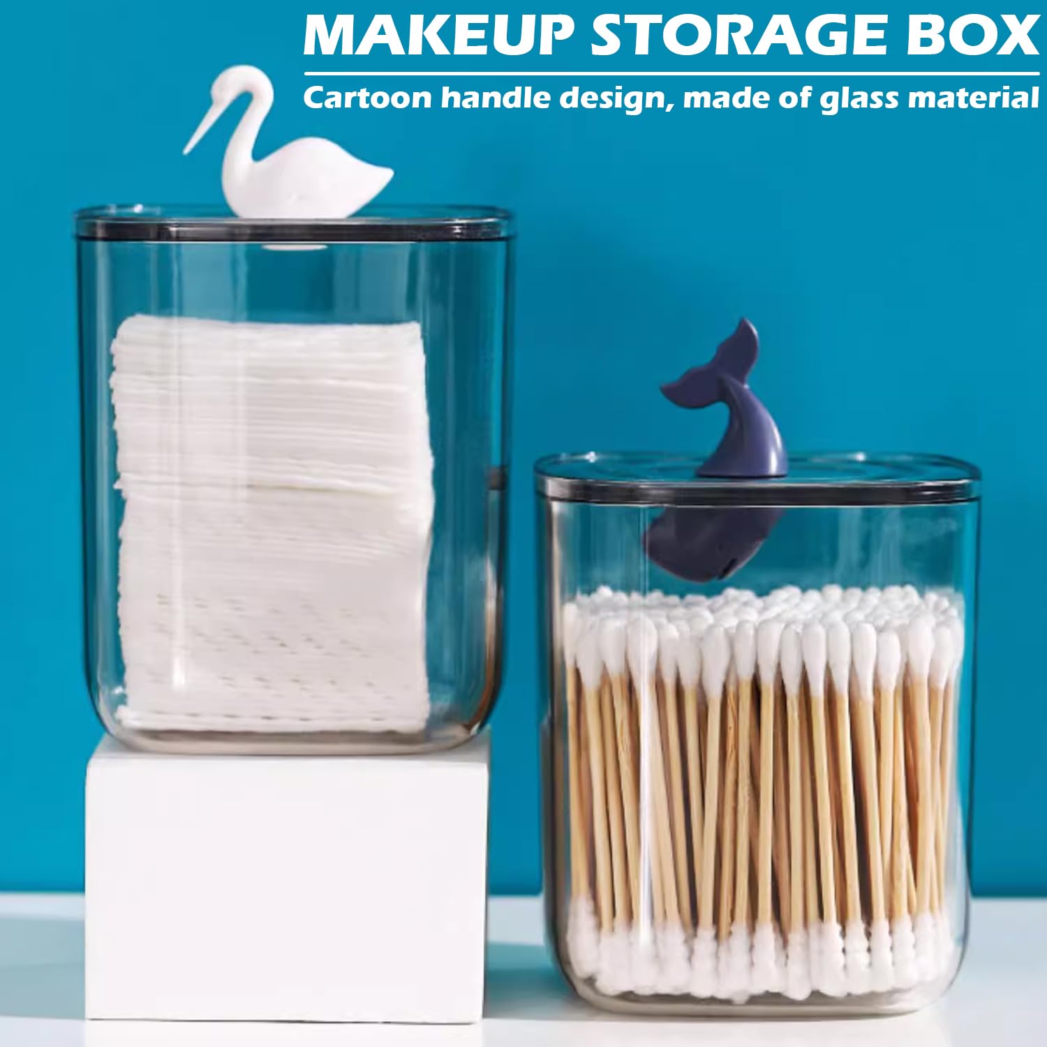 HomDSim 2 Pack Qtips Holder Dispenser,Cute animal shape Jar with Clear Lid Dustproof Cover,for Cotton Ball Swabs Round Pads Toothpick, Clear Plastic Jar Set for Bathroom Canister Storage Organization