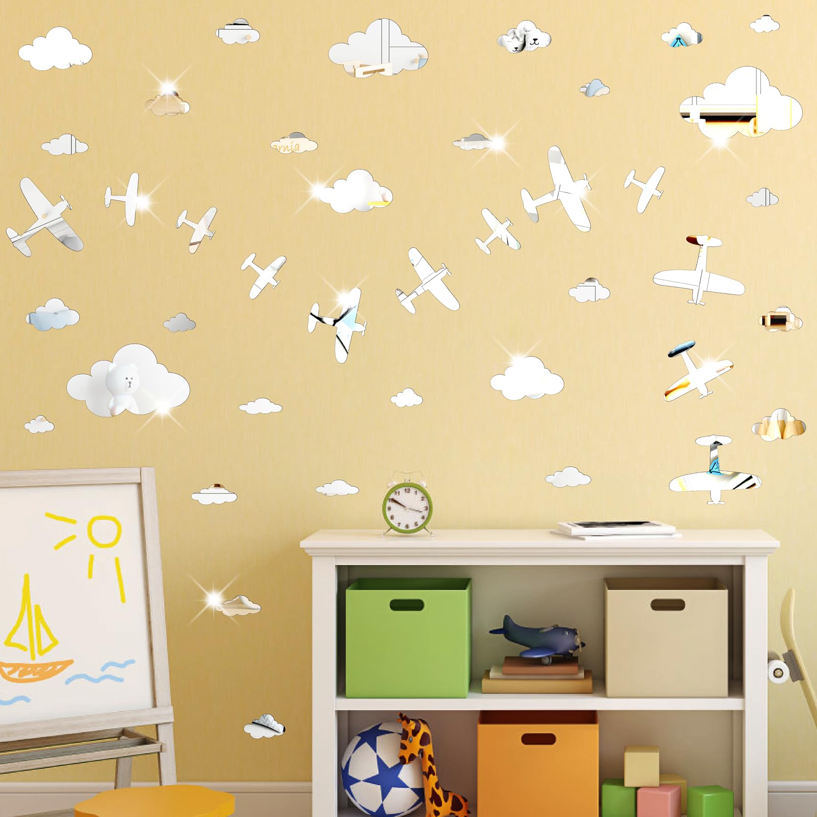 Moon Star Wall Decals Retro Star Wall Decals Starburst Vinyl Gold Wall Stickers White Cloud Wall Decals Sparkle Wall Stickers Gold Star Wall Stickers for Nursery Bedroom Kids Room Decor