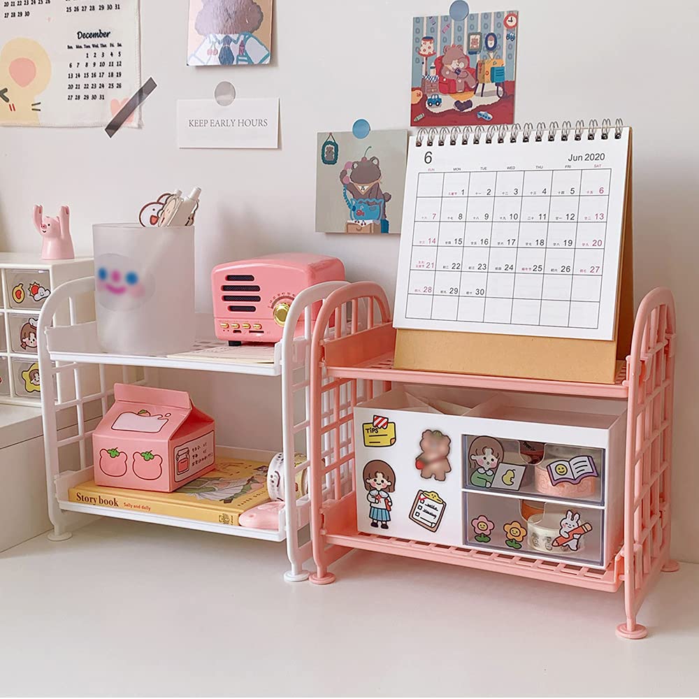 QUMENEY Desktop Rack Cosmetic Stationery Storage Holder, 2-Tier Multifunctional Plastic Shelf Makeup Organizer for Skincare Office Kitchen Bedroom Bathroom Home (Lemon Yellow)