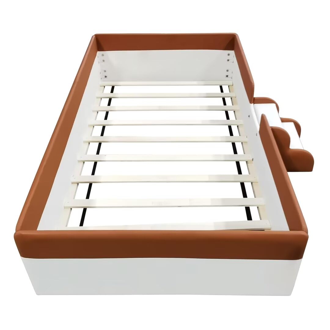 JIJIWANG Twin Size Soft Floor Bed with Stairs, PU Leather Upholstered Grounded Daybed, Low Profile Bed with Slat Support for Kids Boys Girls Teens Adults,(Brown+White)