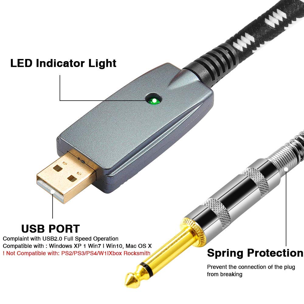 Disino USB Guitar Cable,USB Male to 6.35mm 1/4" TS Mono Electric Guitar Audio Cable Connector Cord Adapter for Instruments Recording Singing - 6FT