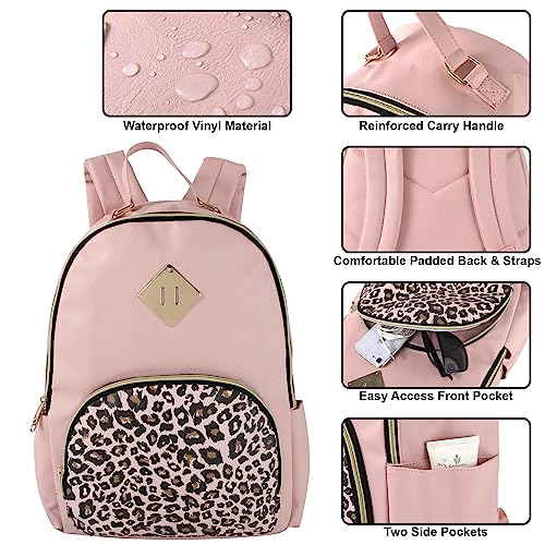 Emma & Chloe Pastel Pink Leopard Waterproof Vinyl Backpack for Commuting, Traveling (Pink Leopard)