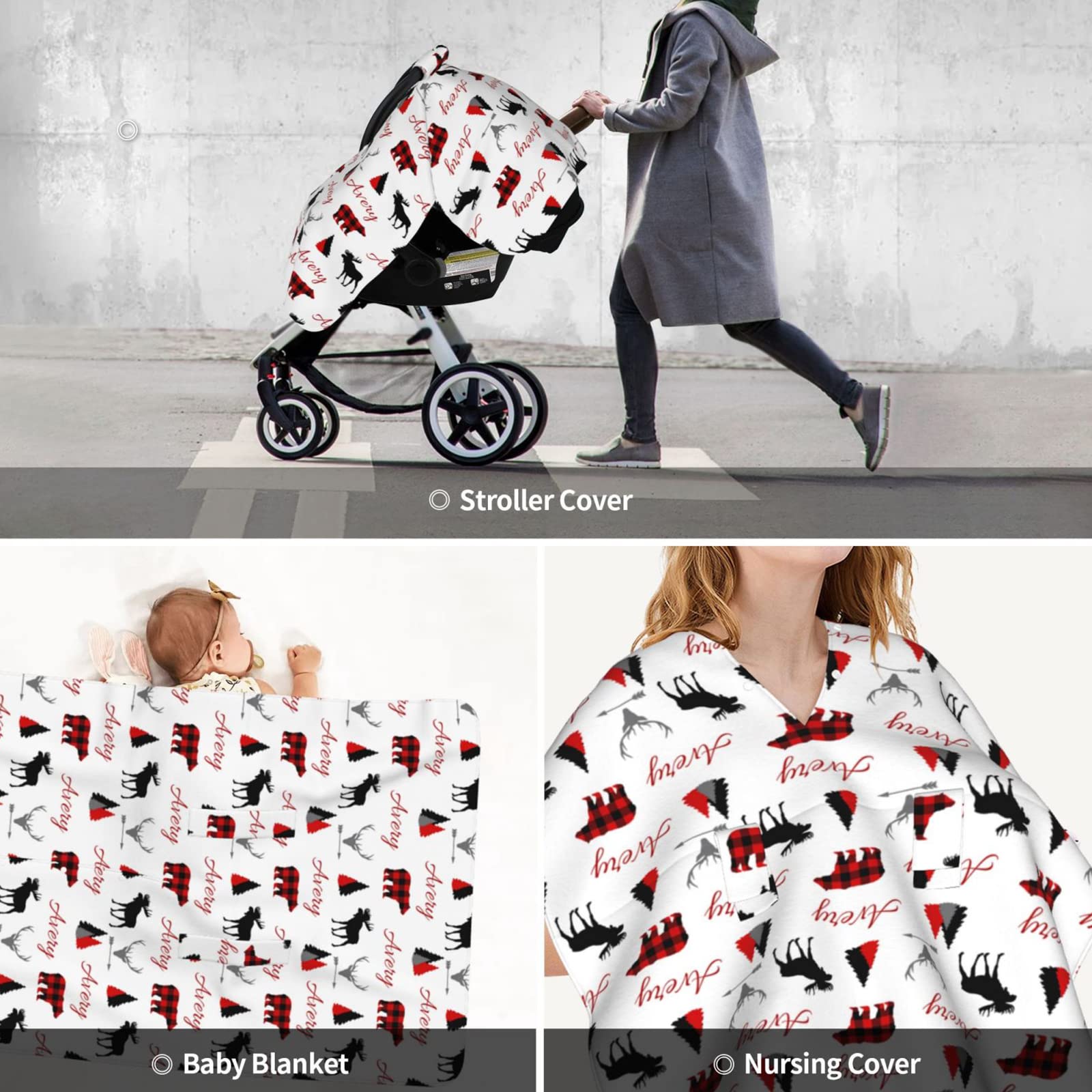 Personalized Plaid Design Adventure Bear and Deer Baby Car Seat Canopy for Babies with Name, Custom Multi-use Blankets for Baby Boys Girls, Peekaboo Minky Nursing Stroller Cover Canopies for Newborn