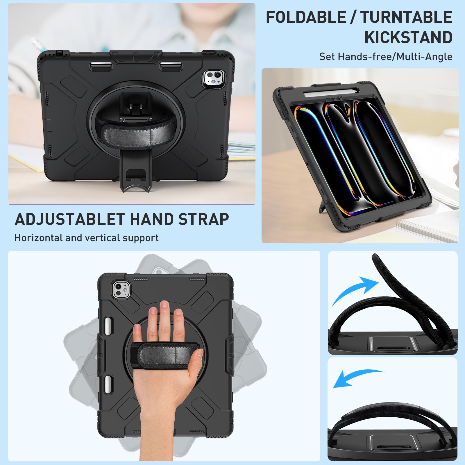 SUPFIVES Case for iPad Pro 13 Inch 2024 (7th Gen), with Screen Protector/Shoulder Strap/Pencil Holder/Handle/Rotating Stand, Green