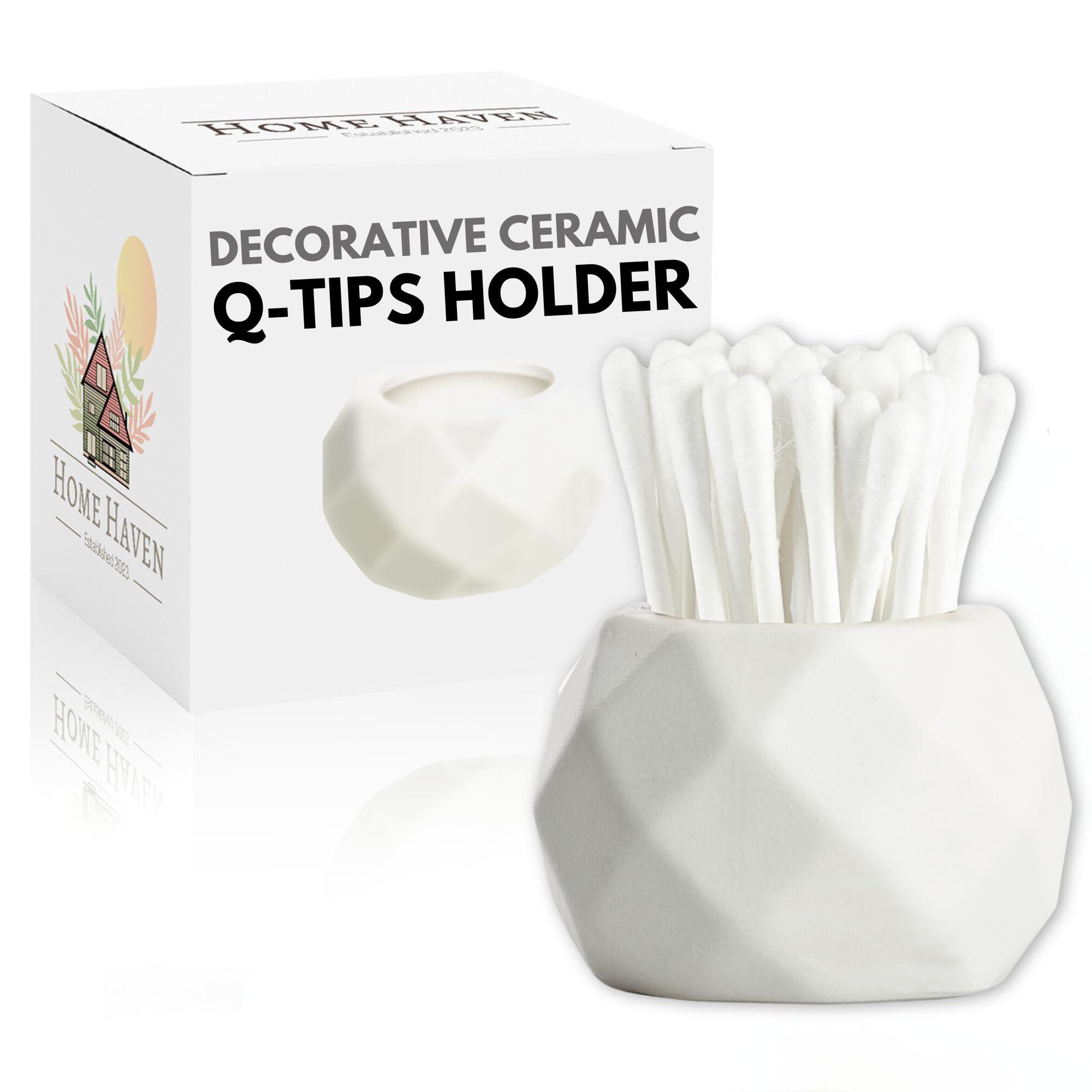 Home Haven Decorative Qtip Holder - Classic White Oval Design - Q Tip Holder for Bathroom, Floss Pick Holder, Flosser Holder, Q-tip Holder, Q Tips Holder, Qtips Holder, Adorable 2" Qtip Jar