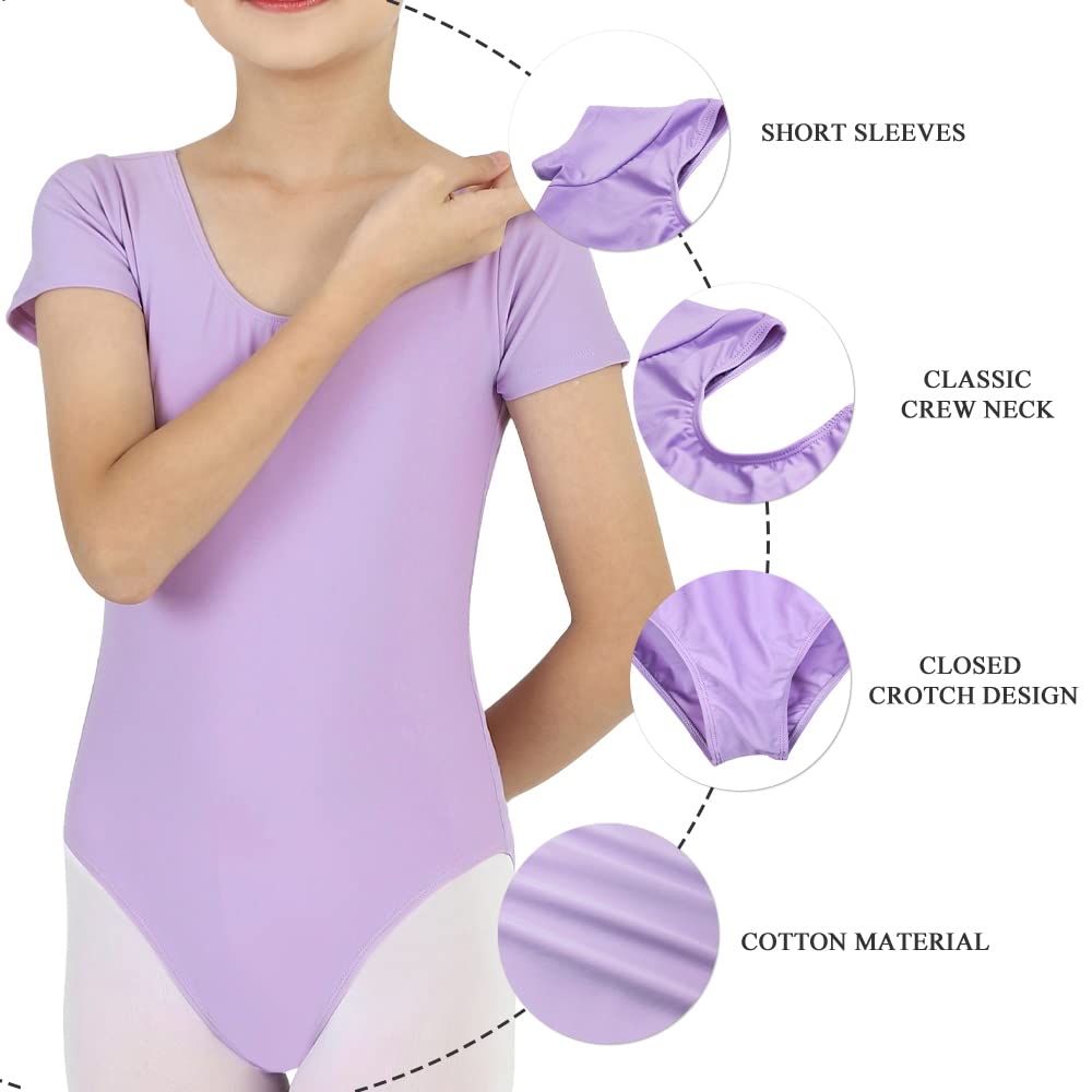 Freemasoner Gymnastics Leotard for Girls Ballet Dance Short Sleeve for 6-12 Years Old Light Purple & Black