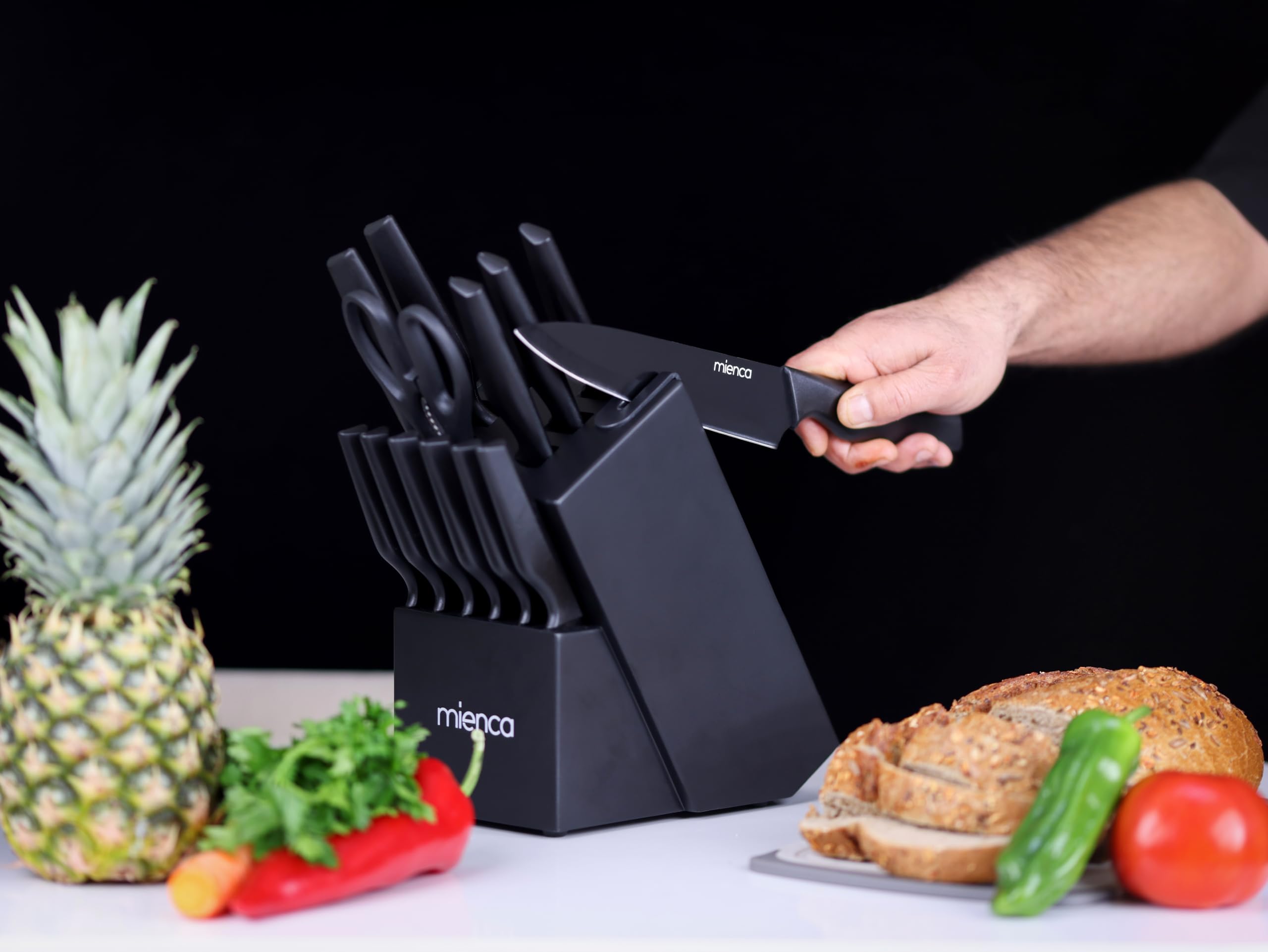 Kitchen Knife Set with Block and Sharpener 16 Pcs German Stainless Steel Knife Block Set with Cutting Board, Finger Protector for Cutting Food and Knife Sharpener Knives Set for Kitchen