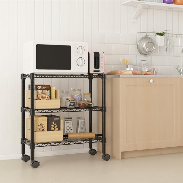 Imseigo 3-Layer Adjustable Metal Storage Shelf,Plastic Coated,1.5" Plastic Wheel Casters,Mobile Iron Organizer Wire Rack,23.6" L x 13.8" W x 33.5" H for Indoor Living Room,Kitchen,Corridor,Bedroom