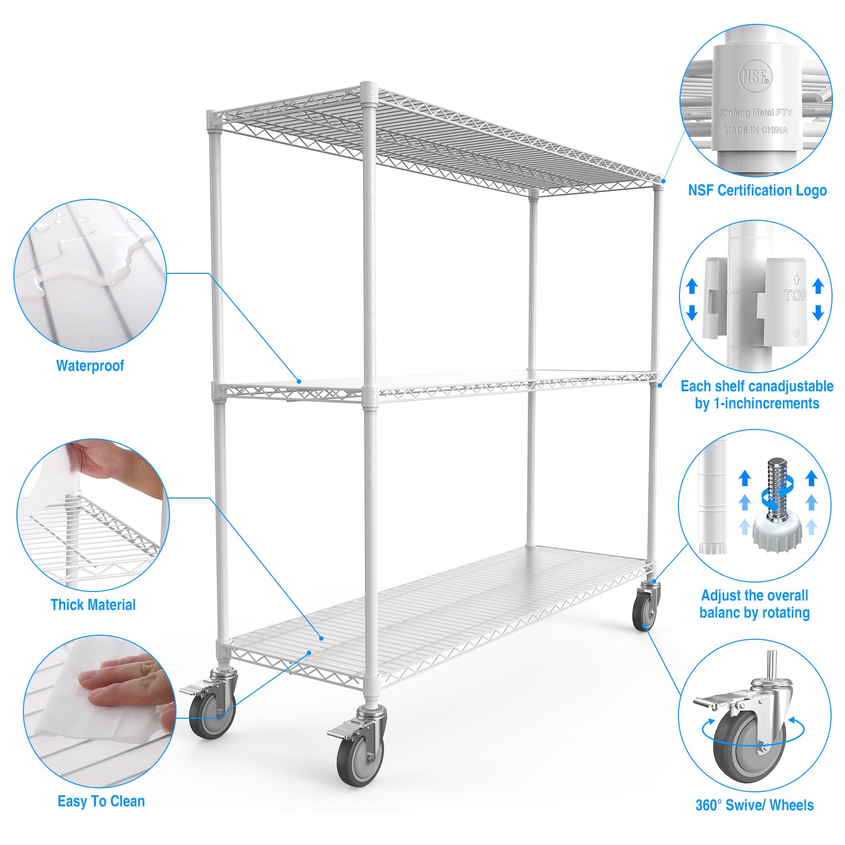 Metal Shelf Wire Shelving Unit, 3 Tier 3000lbs NSF 18"D x 48"L x 54"H Heavy Duty Adjustable Wire Rack with 5in Wheels and Shelf Liners for Garage Kitchen Office Garage Utility Storage Rack - Black