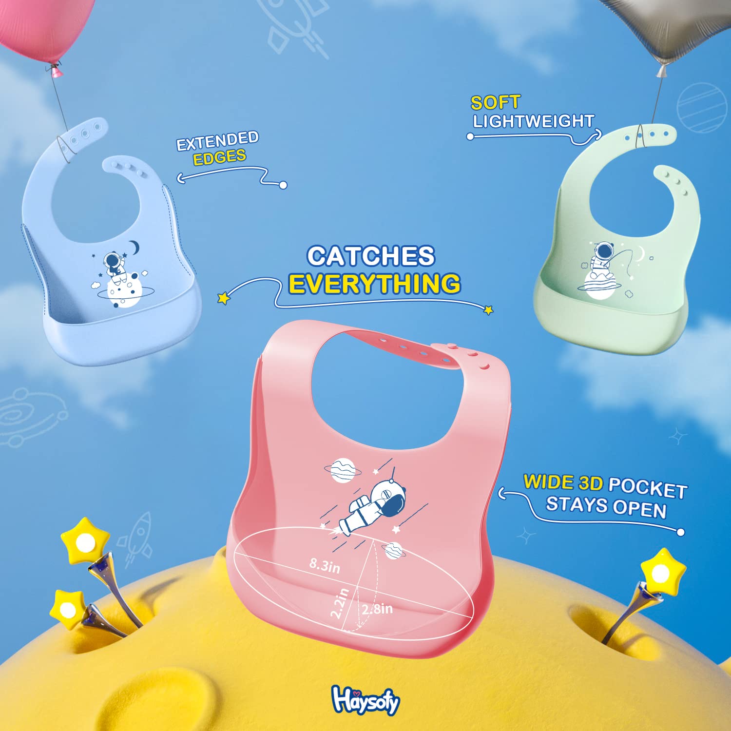 Haysofy Silicone Bibs, Set of 3 Silicone Baby Bibs for Babies & Toddlers, Waterproof, Soft, Adjustable Fit, Unisex, Non Messy