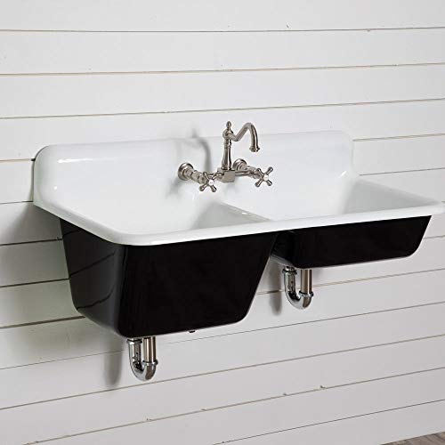 Vintage Tub & Bath 47 Inch Cast Iron High Back Double Bowl Farmhouse Kitchen Sink