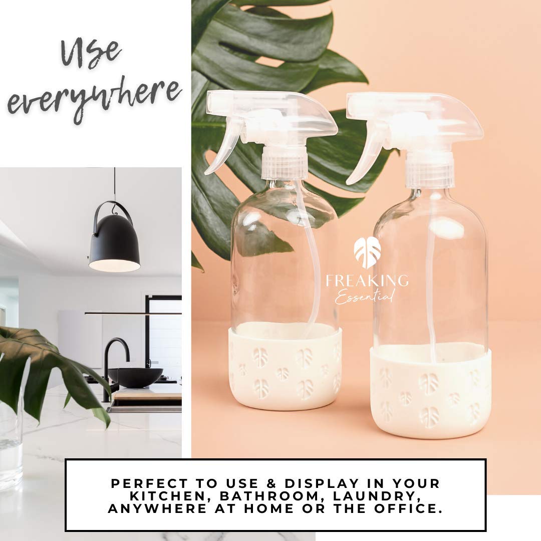 Empty Clear Glass Spray Bottle - 16 oz with Silicone Sleeve, Funnel, Labels - Refillable Spray Bottles for Essential Oils, Cleaning Solutions, Plants - 2 Pack (Linen White)