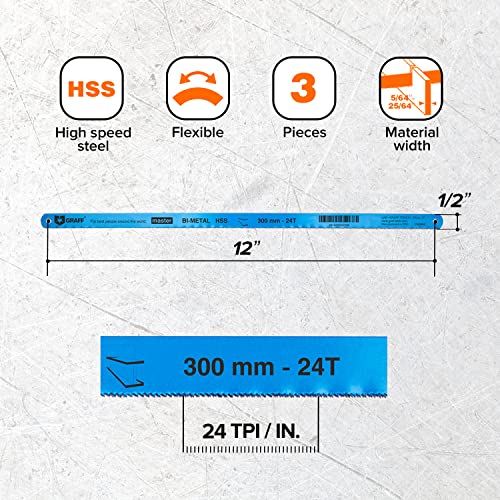GRAFF Bi-Metal Molybdenum Hacksaw Blades 12 Inch for Metal and Steel Cutting 24 tpi - Handsaw Blades Replacement HSS