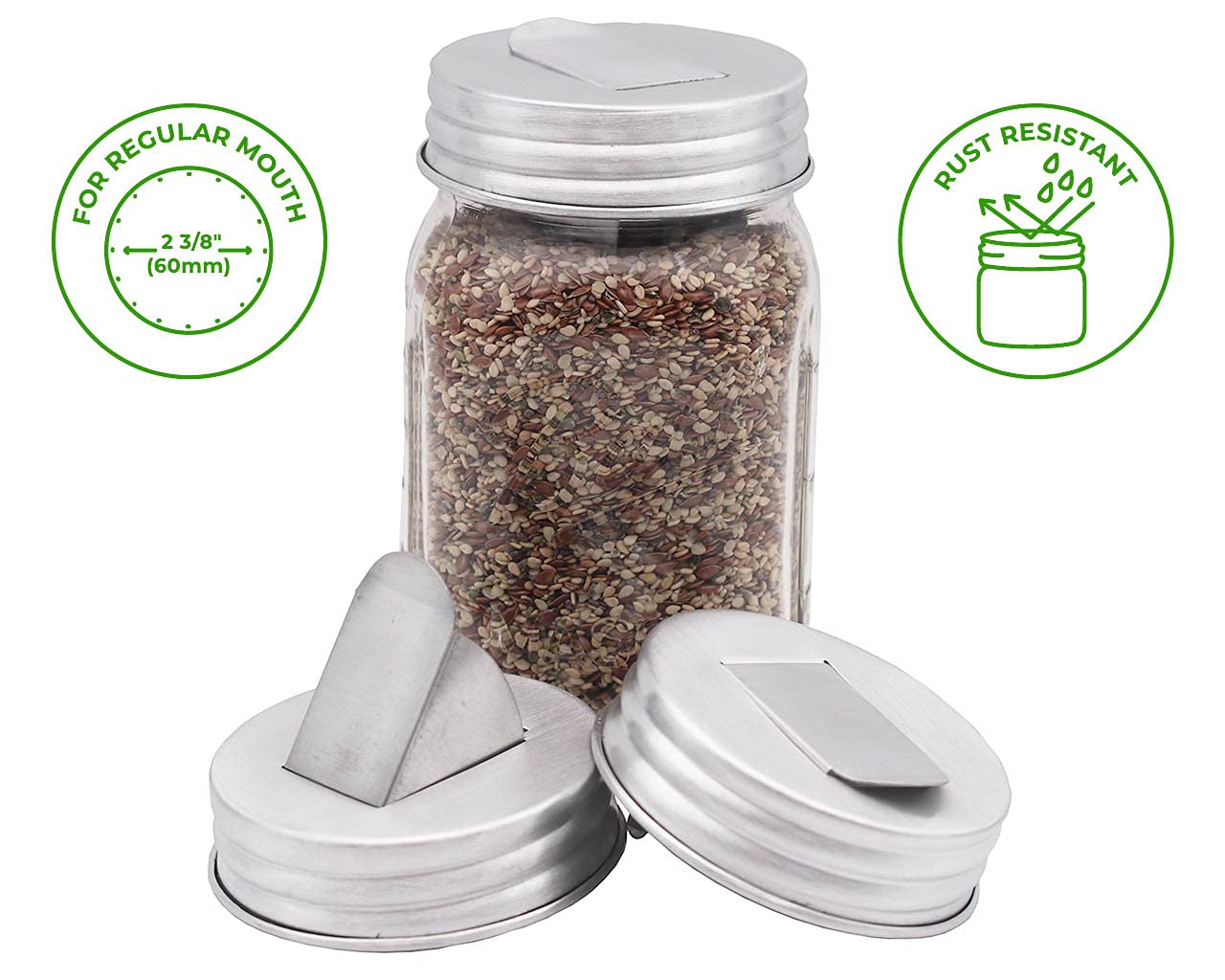 Grain Dispenser Pouring Lids by Mason Jar Lifestyle (2 Pack, Regular Mouth)