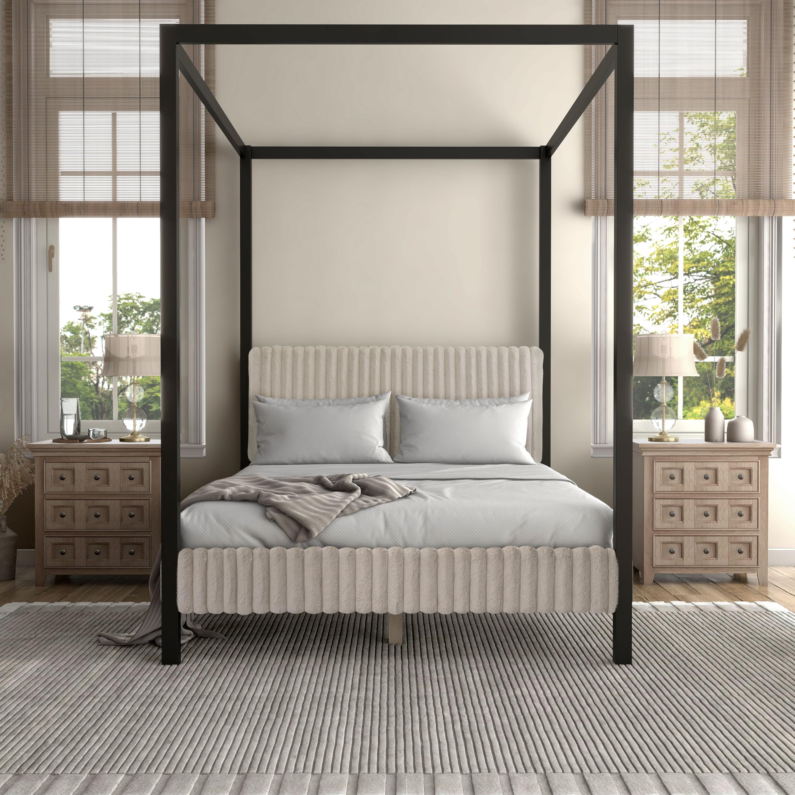 HOMES: Inside + Out Evadne Modern Canopy Bed Frame Queen Size with Channel Upholstered Headboard and Wooden Slats Support for Bedroom, Guest Room, No Box Spring Needed, Light Brown